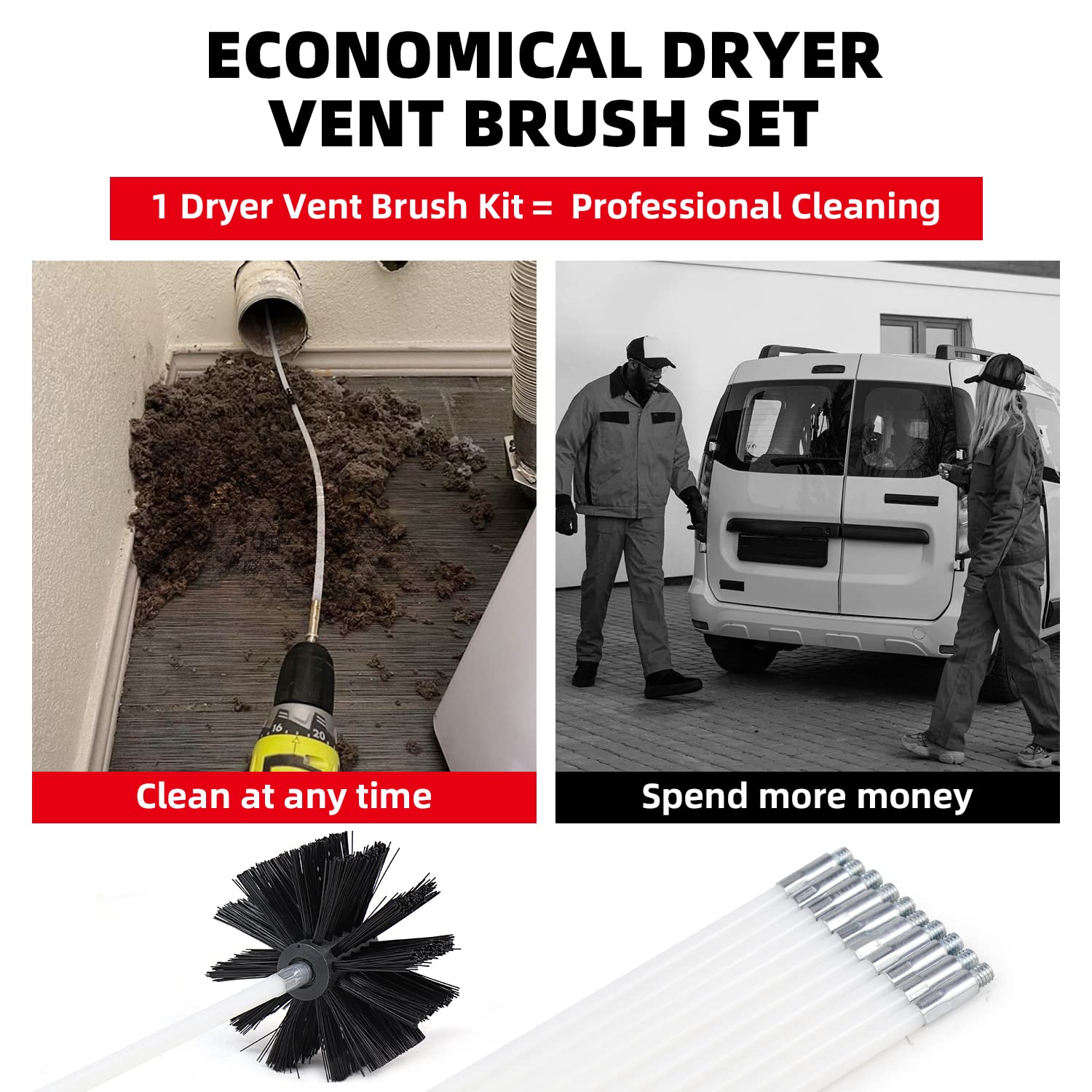 SEKKVY 30 feet Dryer Duct Cleaning Kit Chimney Cleaner Brush Lint Remover Use with or Without Drill Includes 18 Rods and 2 Nylon Brush Heads