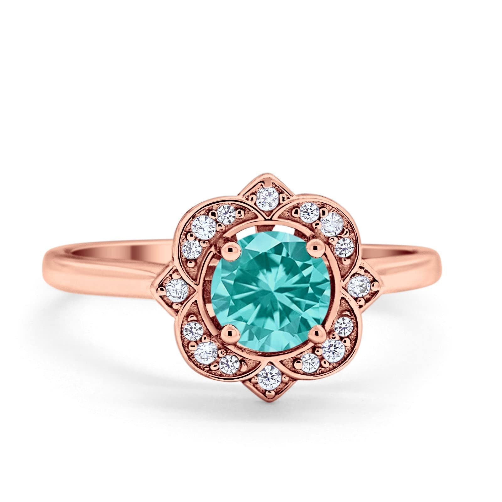 Blue Apple Co. Rose Tone, Simulated Paraiba Tourmaline CZ Size-8 Halo Floral Art Deco Vintage Style Wedding Engagement Ring Round Simulated Cubic Zirconia 925 Sterling Silver