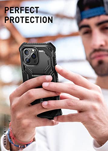 i-Blason Armorbox Designed for iPhone 14 Pro Max Case 6.7'', Full-Body Rugged Kickstand Holster Protective Bumper Case with Built-in Screen Protector (Black)