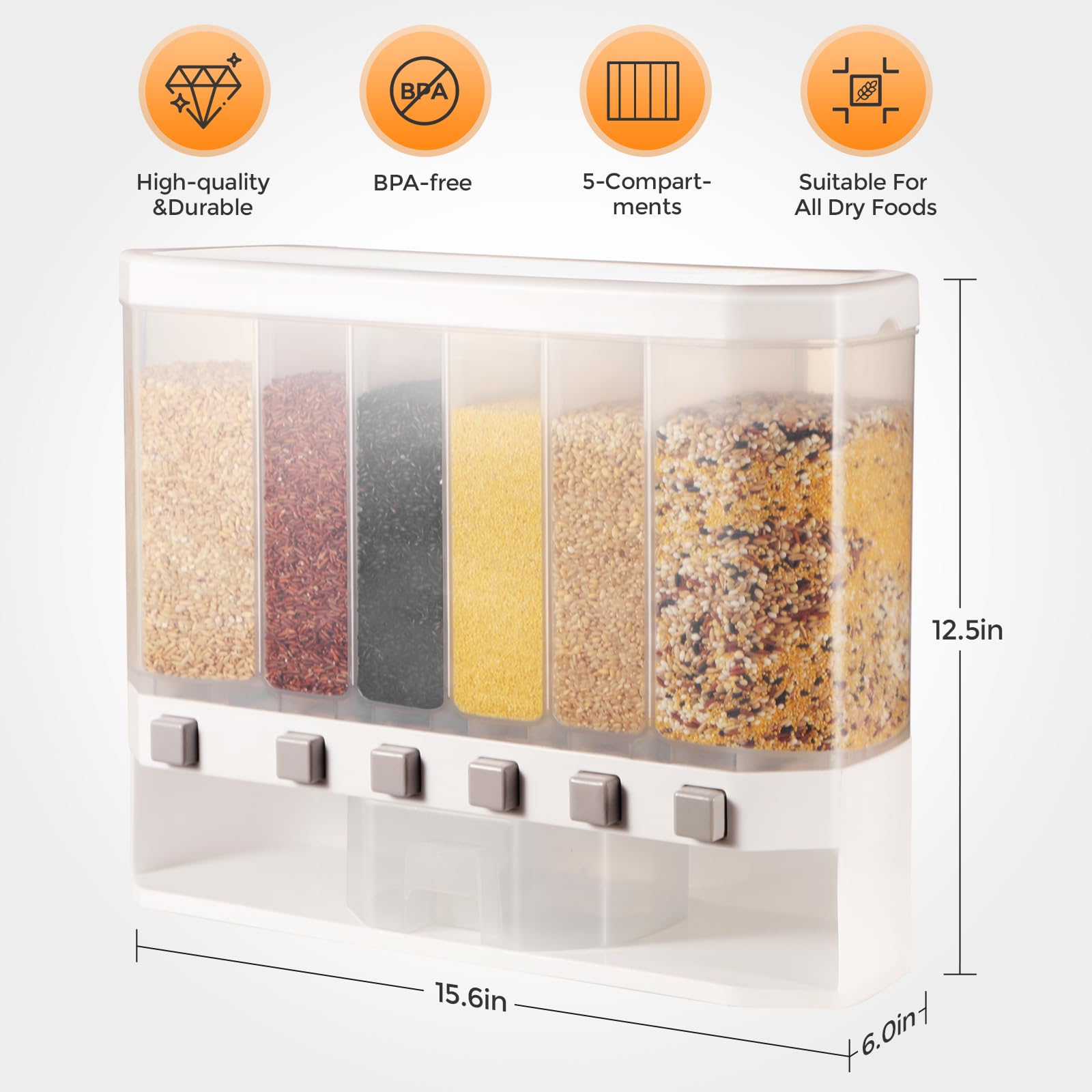 Grain Dispenser with Measuring Cup,Dry Food Dispenser Snack Dispenser Rice Dispenser for Kitchen Organizing,Kitchen Storage 25 Pounds Food Dispensers,6 Grid