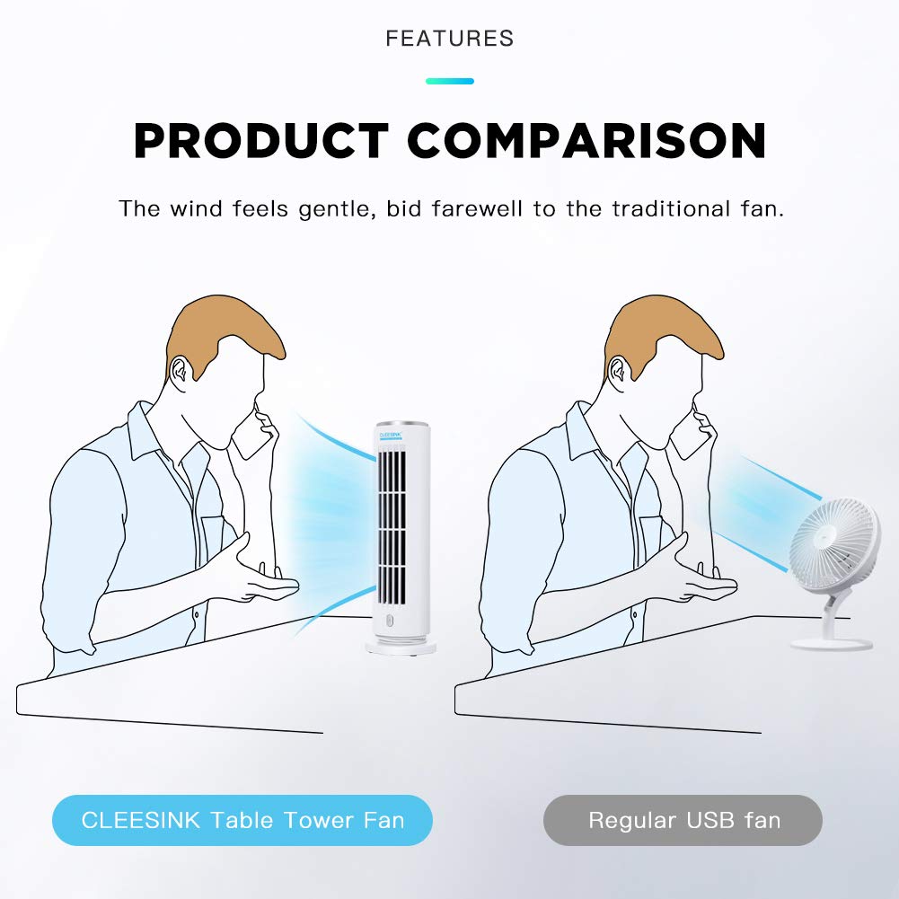 CLEESINK Small Desk Fan, 12 3/8" Portable USB Table Fan, 3 Settings, Quiet Personal Mini Cooling Tower Fan with Turbine Technology, for Bedroom Office Tabletop Home Nightstand