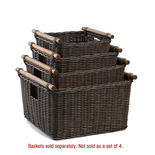 The Basket Lady Deep Pole Handle Wicker Storage Basket, Small, 11.5 in L x 11.5 in W x 8 in H, Antique Walnut Brown