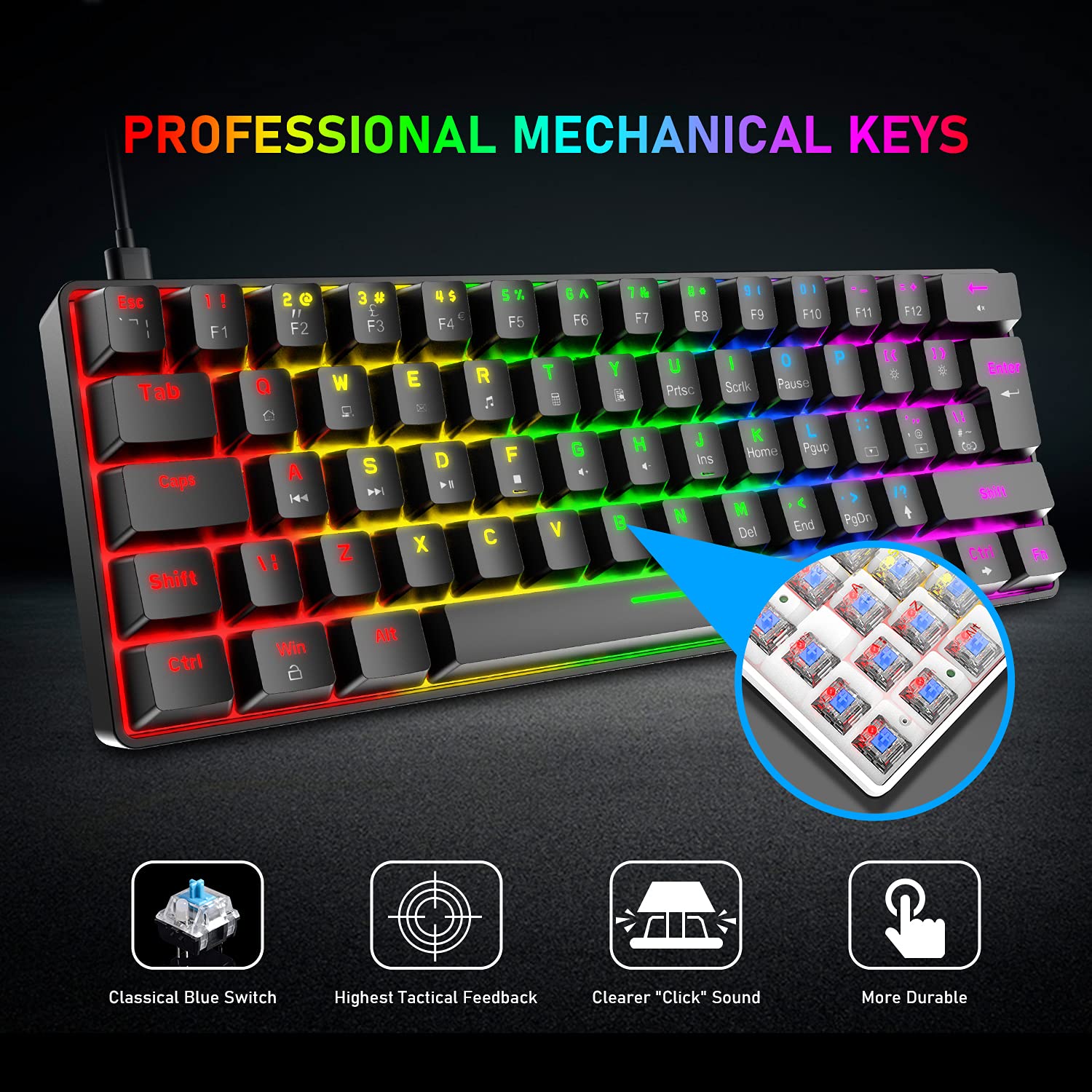 SELORSS Mini 60% Wired Mechanical Gaming Keyboard,22 RGB Chroma Backlit, Compact 62 Full Anti-ghosting Keys, USB C Cable,Replaceable Keycaps,Tactile Switch for Gamer/Typist/Xbox/PC/Win/Mac(Black)
