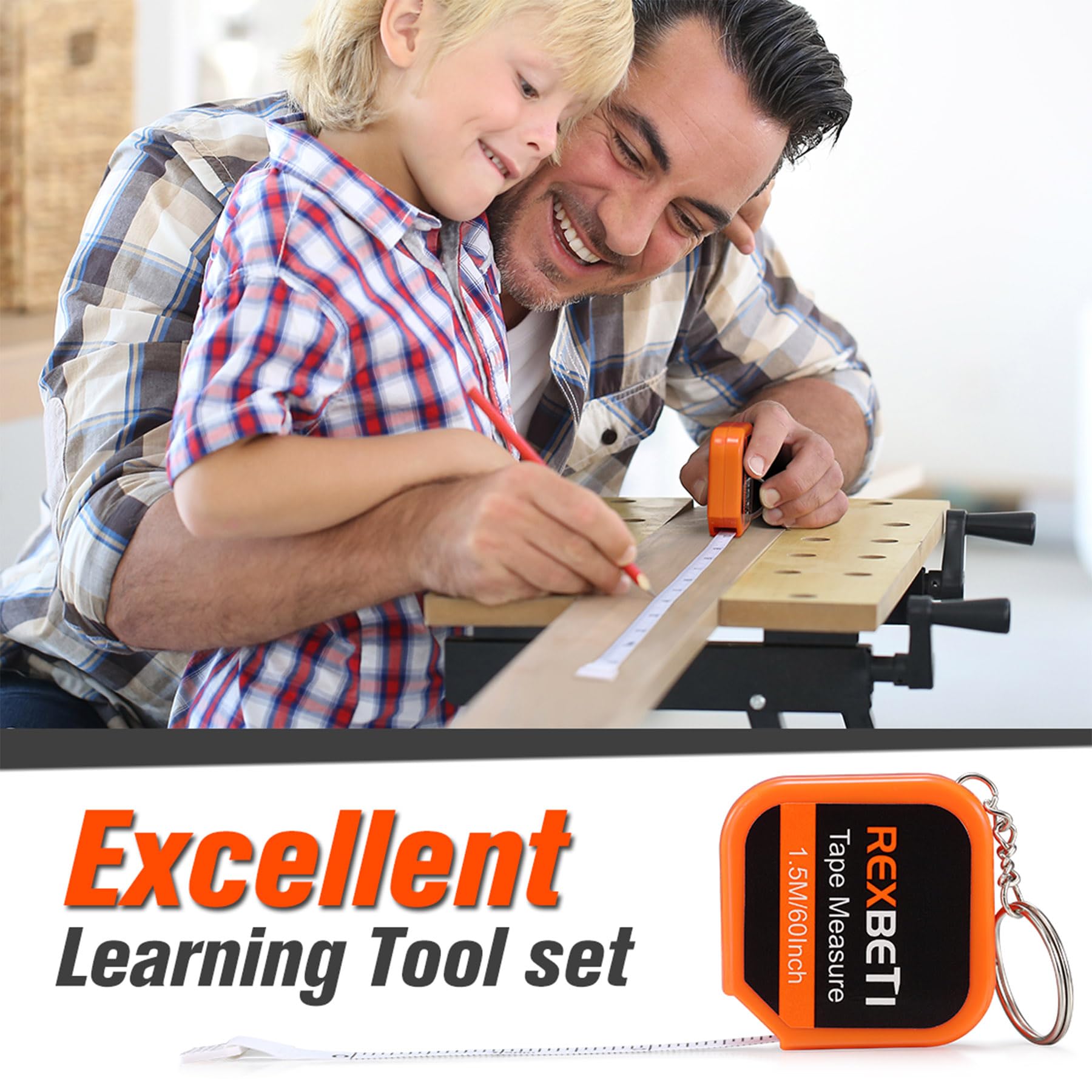 REXBETI 18pcs Young Builder's Tool Set with Real Hand Tools, Reinforced Kids Tool Belt, Waist 20"-32", Kids Learning Tool Kit for Home DIY and Woodworking