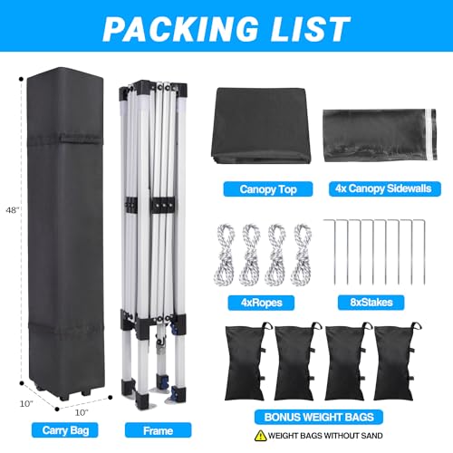 CAJECUS 10'x10' Pop Up Canopy Tent with 4 Sidewalls, Ez Pop Up Outdoor Canopy,Waterproof Commercial Tent with 3 Adjustable Height, Carry Bag,4 Sand Bags,4 Ropes and 8 Stakes(10FTx10FT,Black)