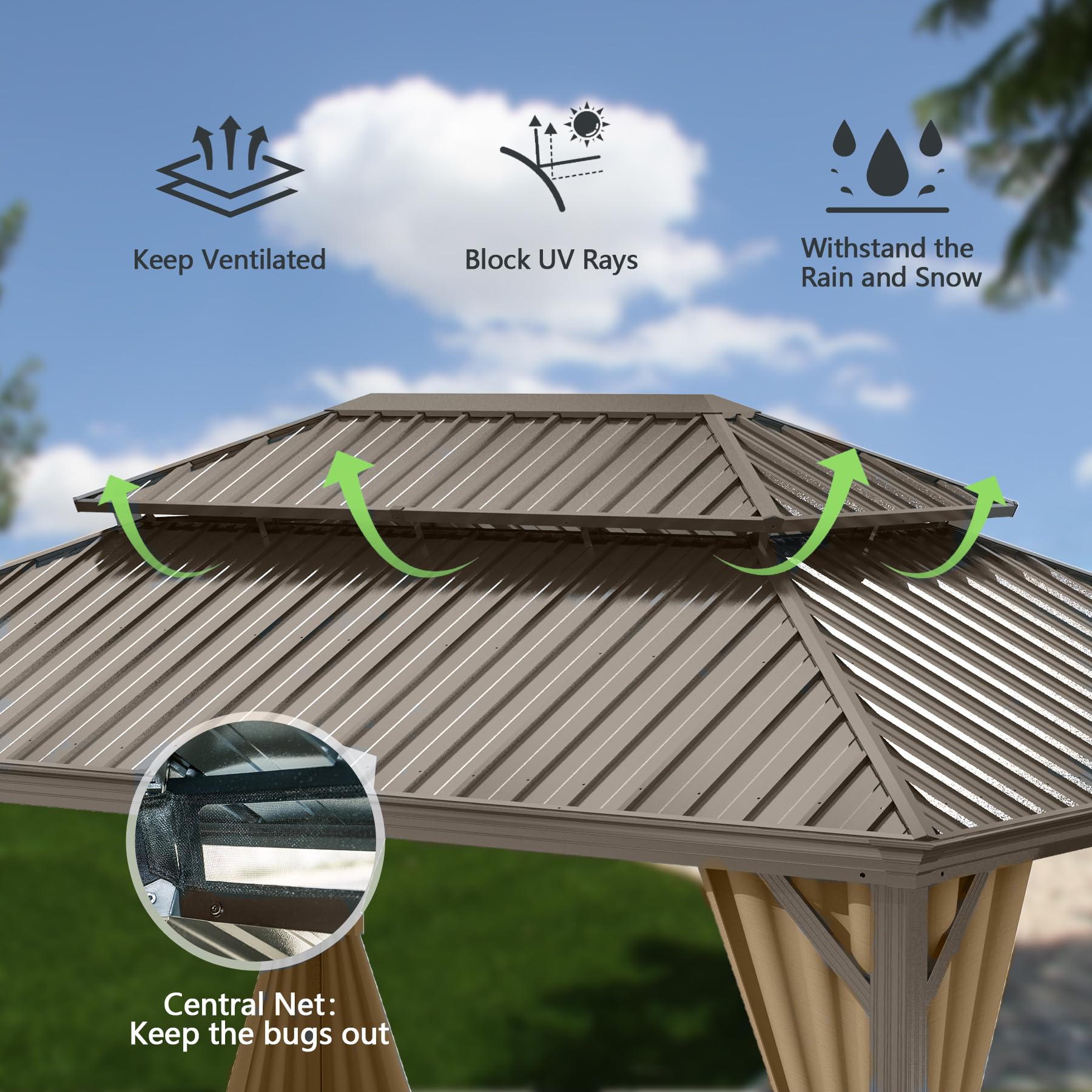 Domi Outdoor Living 12β X 20β Hardtop Gazebo, Outdoor Aluminum Frame Canopy with Galvanized Steel Double Roof, Outdoor Permanent Metal Pavilion with Curtains and Netting for Patio, Backyard and Lawn