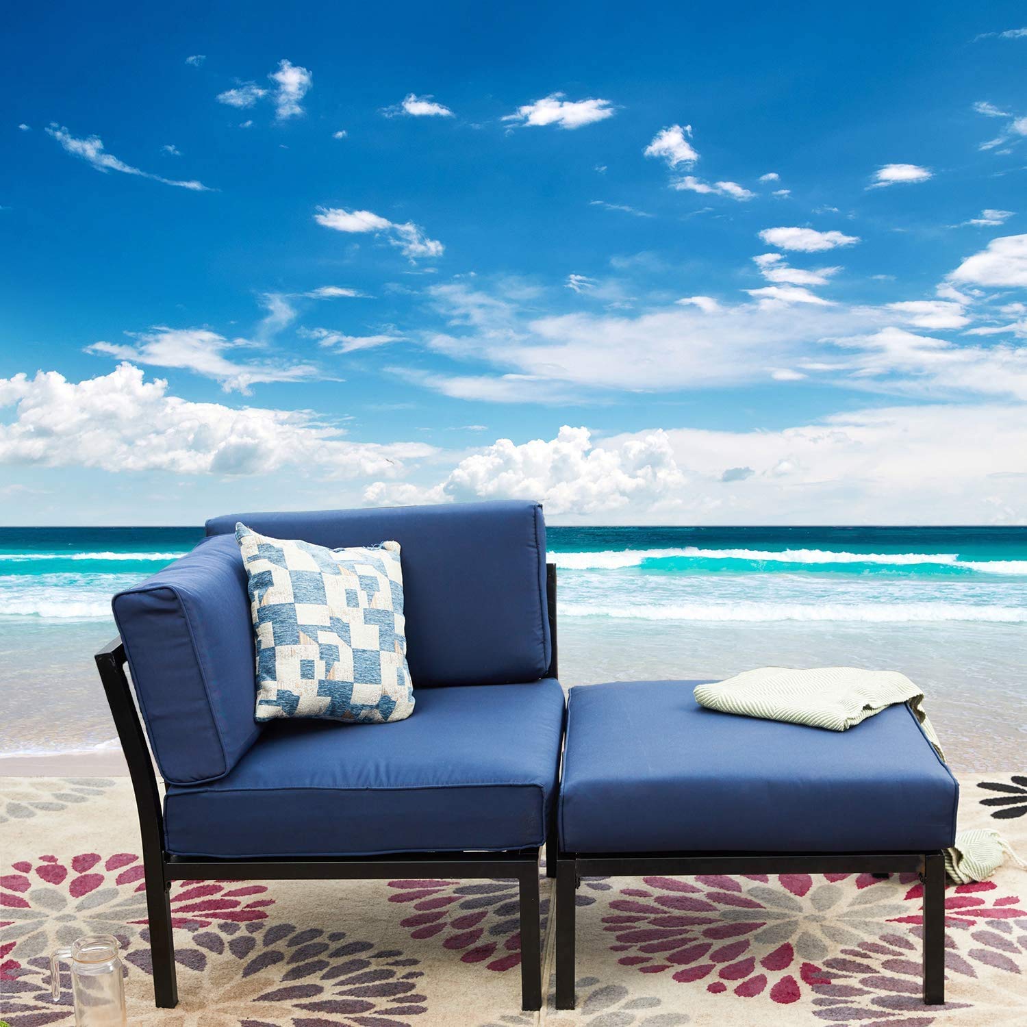 LOKATSE HOME 2 Piece Patio Furniture Set Sectional Balcony Corner Outdoor Loveseat Couch Armchiar Sofa with Ottoman Metal Steel Frame, Blue