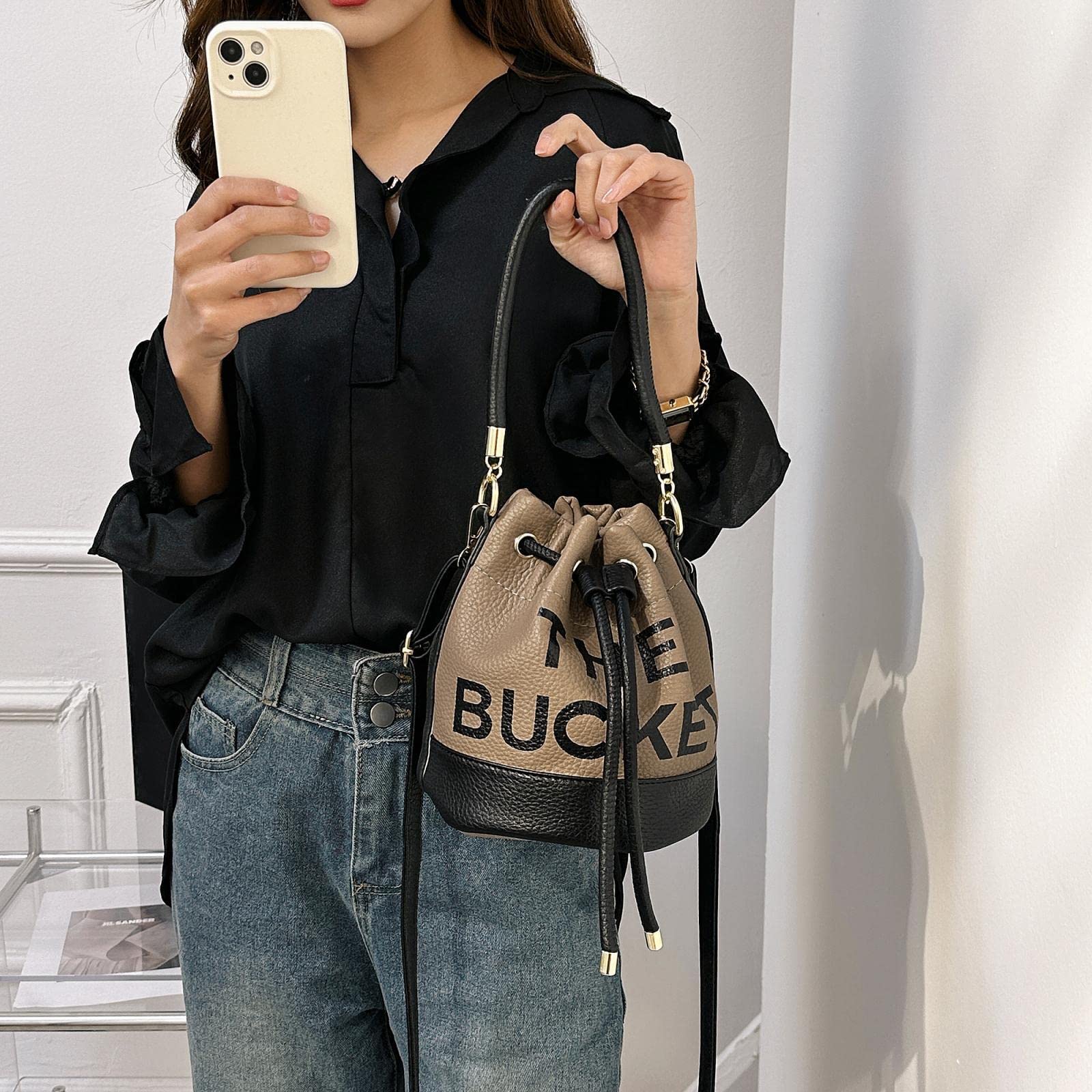 Drawstring Bucket Cross body Bags for Women Handbags Purses Designer Soft Vegan Leather Shoulder Bags (Orange)
