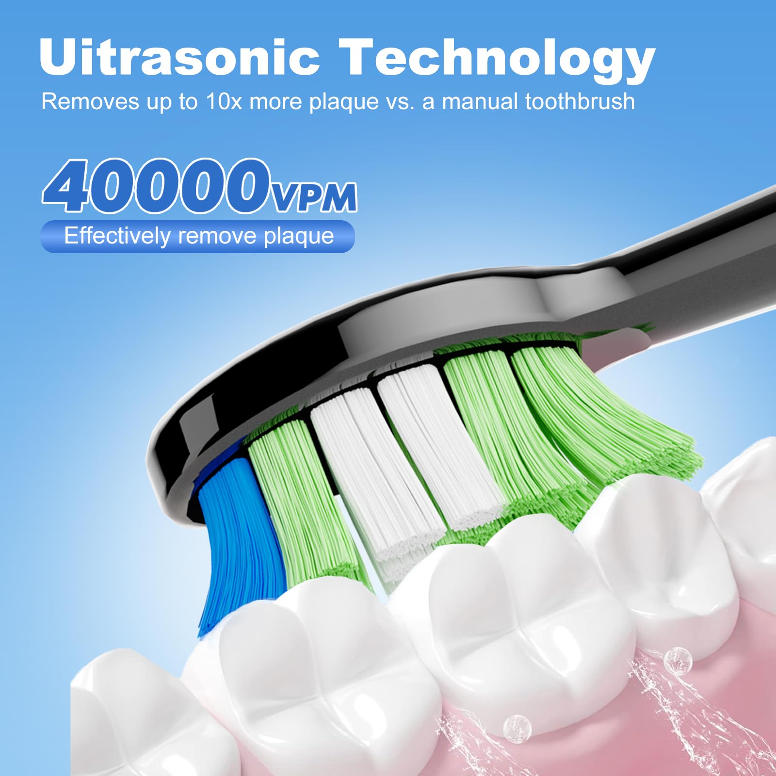 JTF Sonic Electric Toothbrush for Adults - Teeth Whitening Toothbrush with 6 Brush Heads and a Travel Case, Fast Charging for 60 Days Use Waterproof Toothbrushes, Black