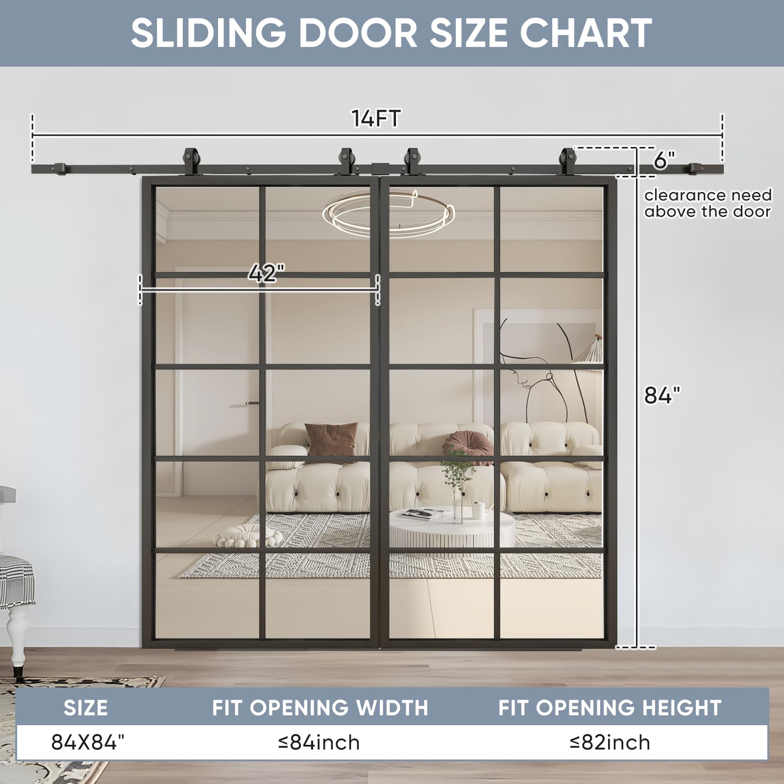 JUBEST Double Barn Door 84 x 84 in with 14FT Hardware Kit, 2 Sets of 42x84 in Clear Tempered Glass Aluminum Frame Barn Door,Pocket Interior Door, Easy Assembly,Black Top-Mounted Hardware