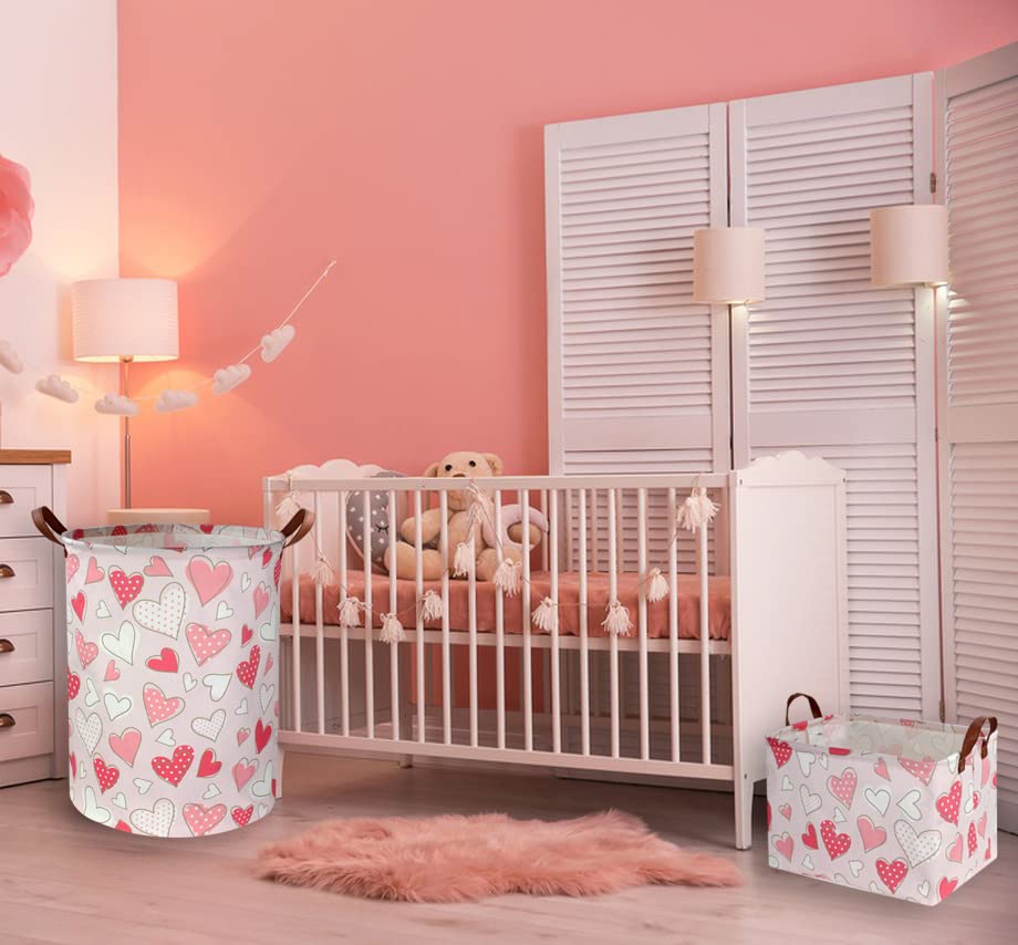 DDBASKET Kids Laundry Basket Baby Hamper Pink Toy Storage Bin Organizer with Handles for Girls,Nursery Hamper(Pink Loves)