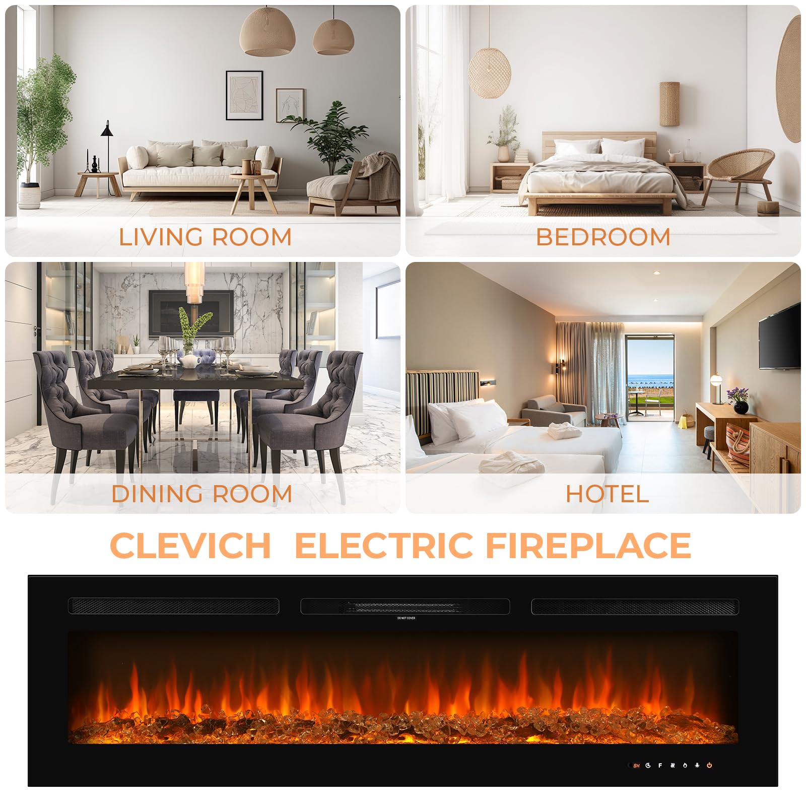 Clevich 60 inches Electric Fireplace Insert and Wall Mounted with Multicolor Flame,750w/1500w Fireplace Heater Low Noise,Fire Place for The Living Room,Touch Screen Remote Control with Timer,Black