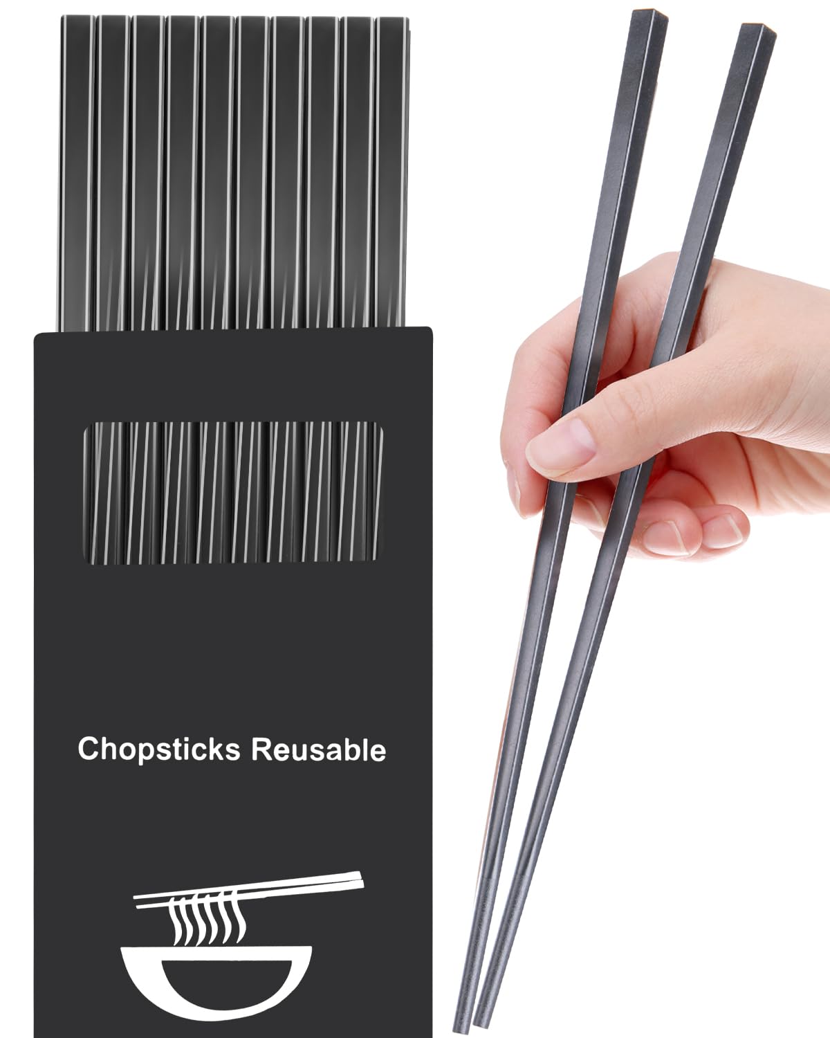 Chopsticks,LIANGKEN 5 Pairs Dishwasher Safe Fiberglass Chopsticks Set,9.5 Inch Reusable Japanese Chinese Chopsticks , Non-Slip, Easy to Use (colorful ) (9.5 inch, pure black)