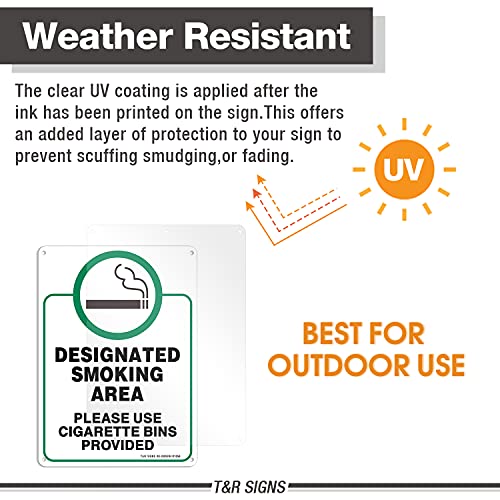 Designated Smoking Area Sign, Use Cigarette Bins Sign - 2 Pack - 10 x 7 Inches Rust Free .040 Aluminum - UV Protected, Waterproof, Weatherproof and Fade Resistant - 4 Pre-drilled Holes
