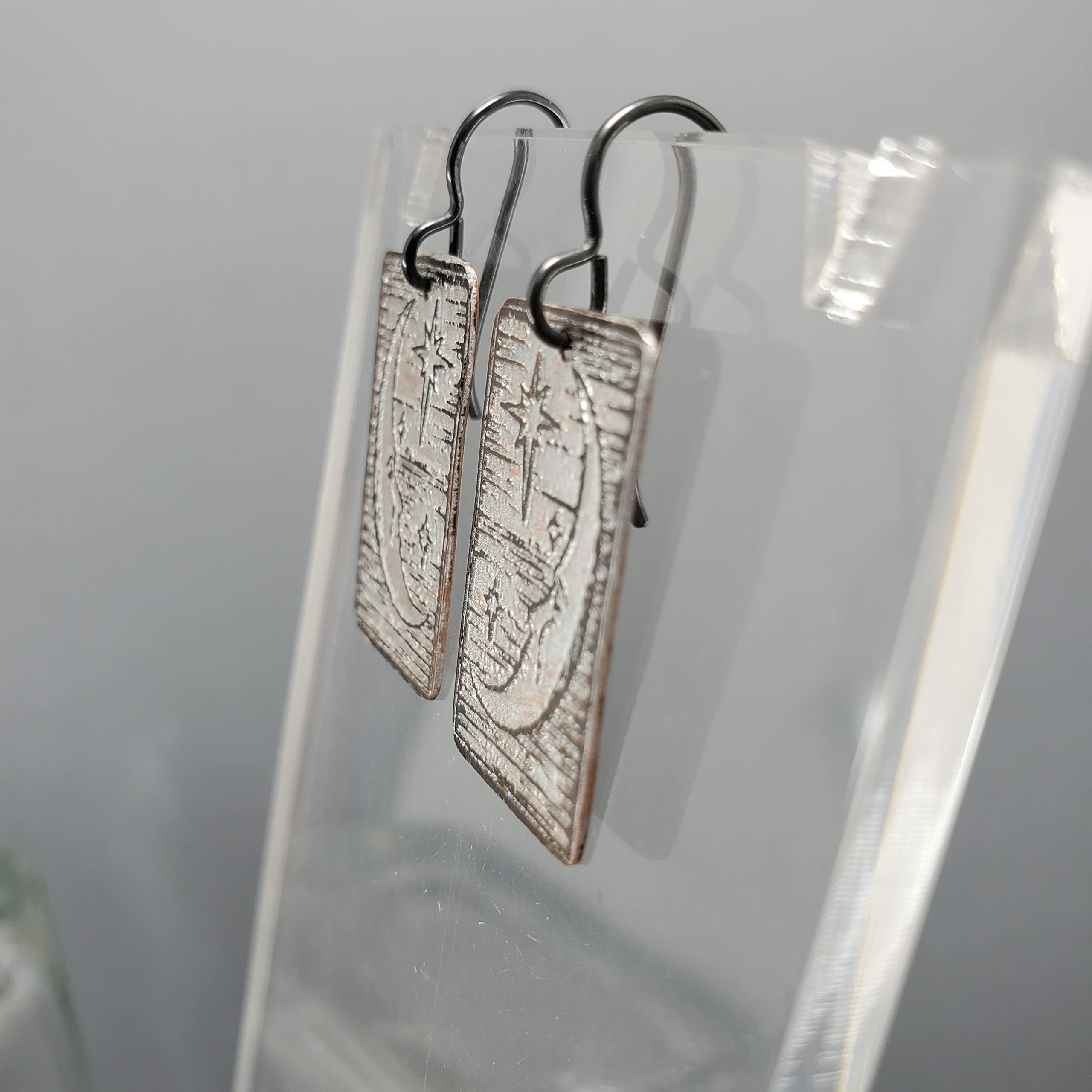 Celestial Moon Earrings Moon Beam Earrings Tarot Card Moon Earrings Silver Moon Earrings Etched Recycled Copper