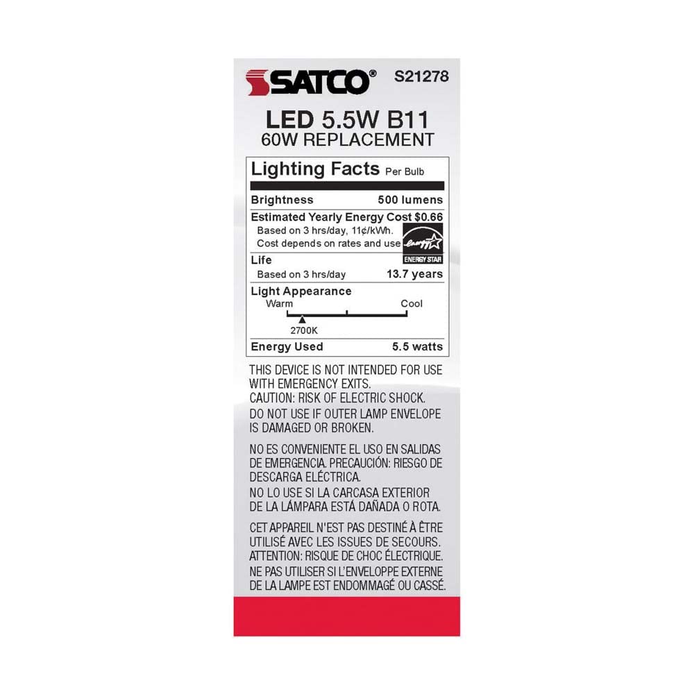 Satco S21278 5.5B11/LED/927/FR/120V/E12-6 Pack