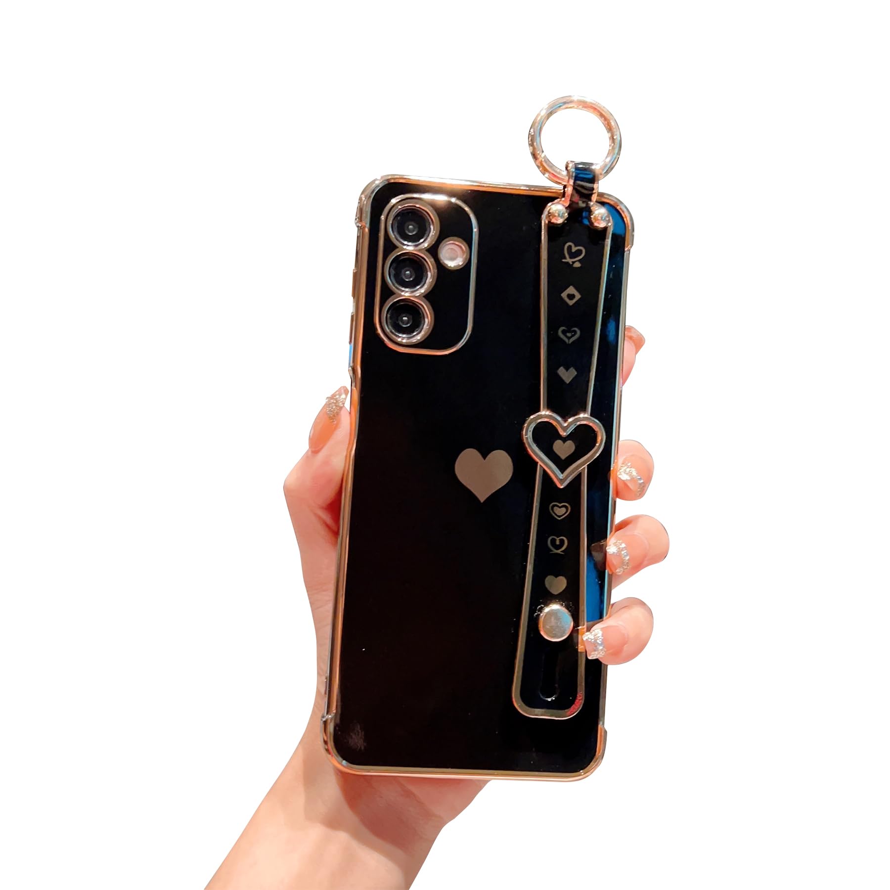 DEFBSC Compatible with Samsung Galaxy A14 5G Case, Electroplated Edge Love Heart Case with Wrist Strap, Full Camera Protection Raised Reinforced Corners Shockproof Soft TPU Cover, Black