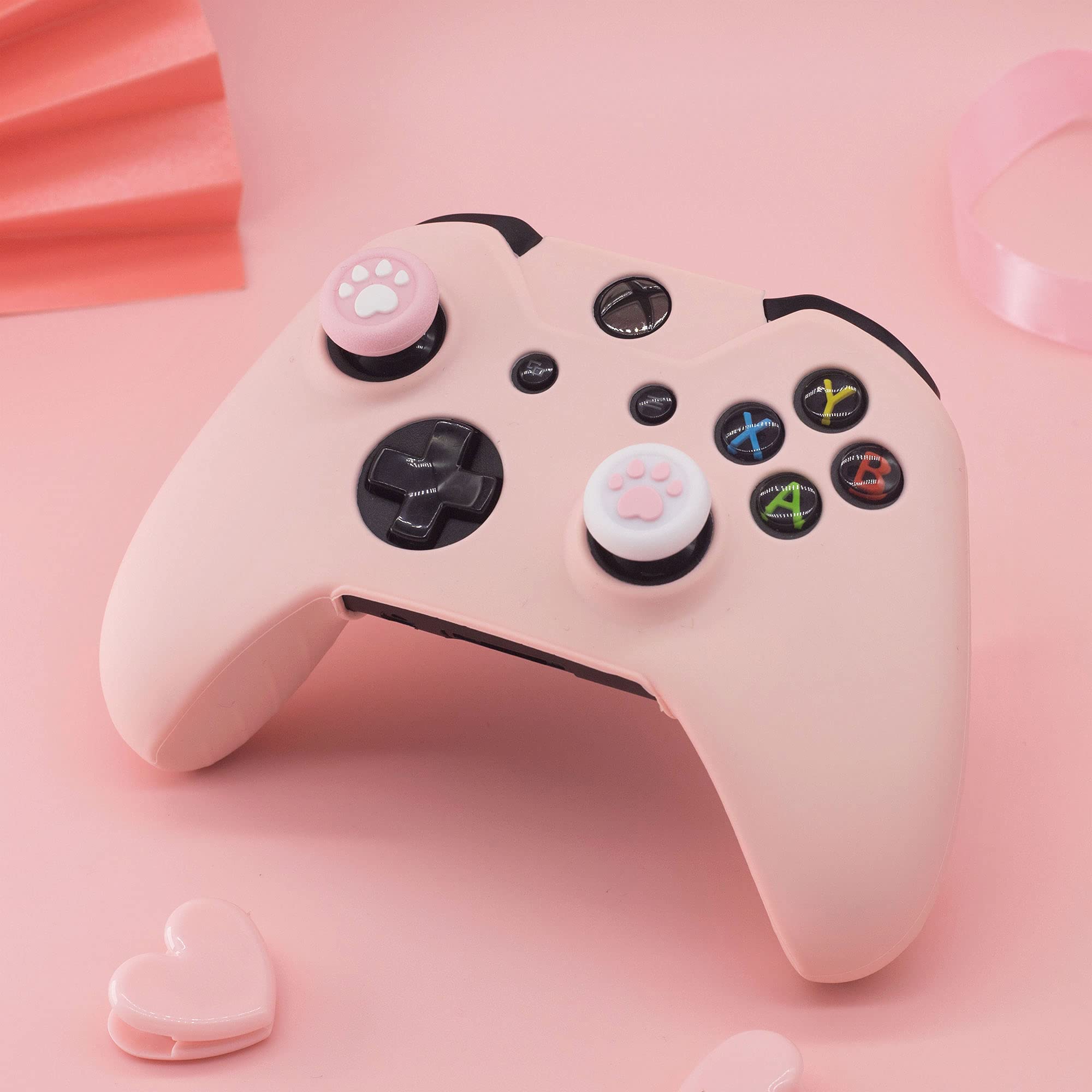 BRHE Cute Skin Cover for Xbox One / Series X/S Controller Anti-Slip Silicone Grip Protective Case Accessories Set Wireless/Wired Gamepad Joystick with 2 Cat Paw Thumb Grips Caps (Pink)