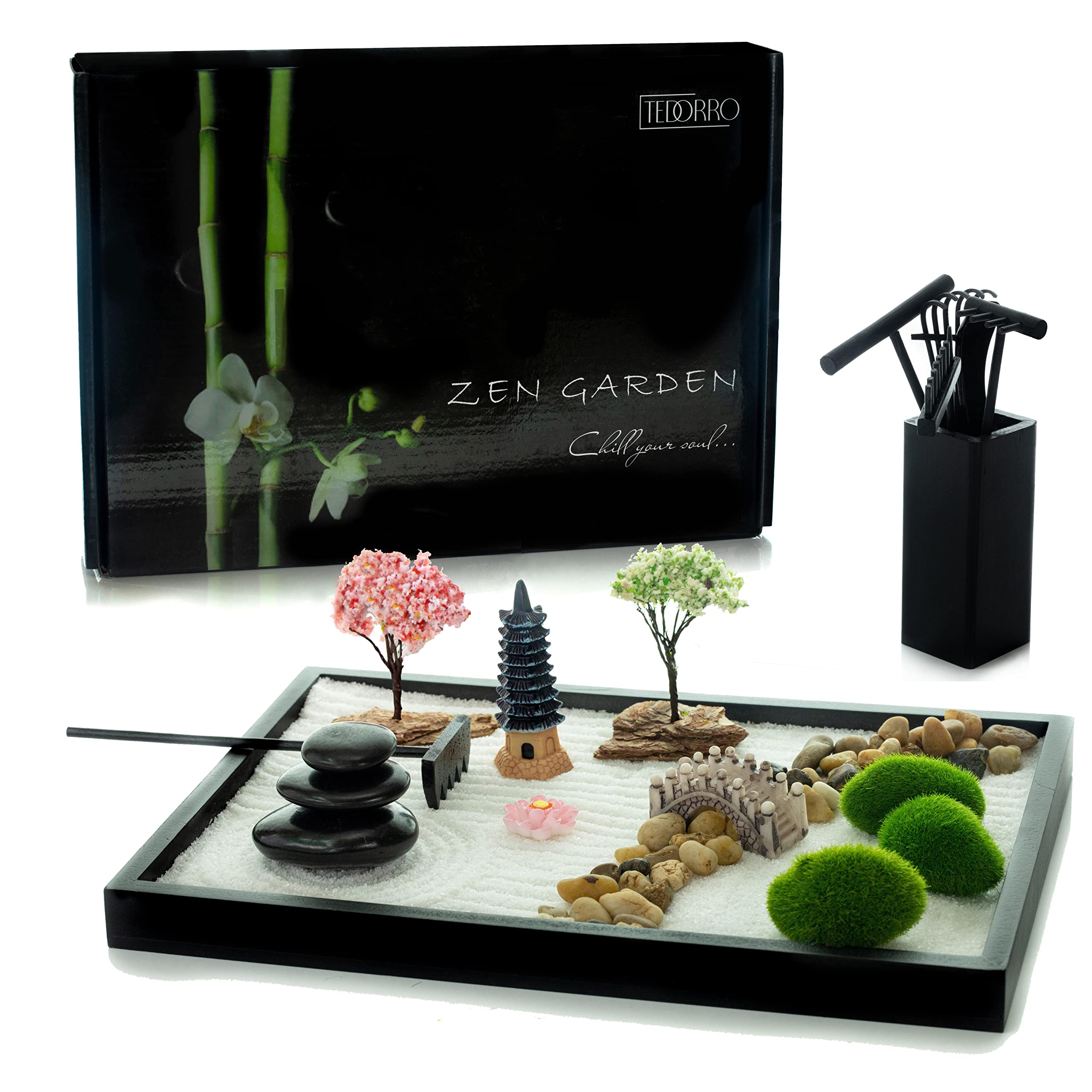 Zen Garden for Desk – 21pc. Japanese Zen Sand Garden Kit for Home, Office Desktop, Beautiful Gift, Therapy, Meditation Mini Decor Set– 11x8in. Large Sand Tray, Rocks, Black Rake Tools & Accessories
