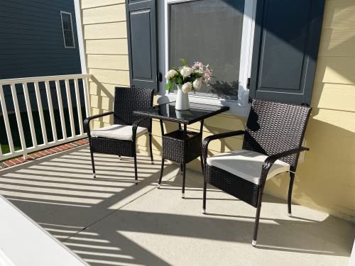 G GVM-US Outdoor Small Patio Table and Chairs Deck Furniture Set for 2, Wicker Glass Cafe & Dining Table Set for Bistro Balcony Lawn