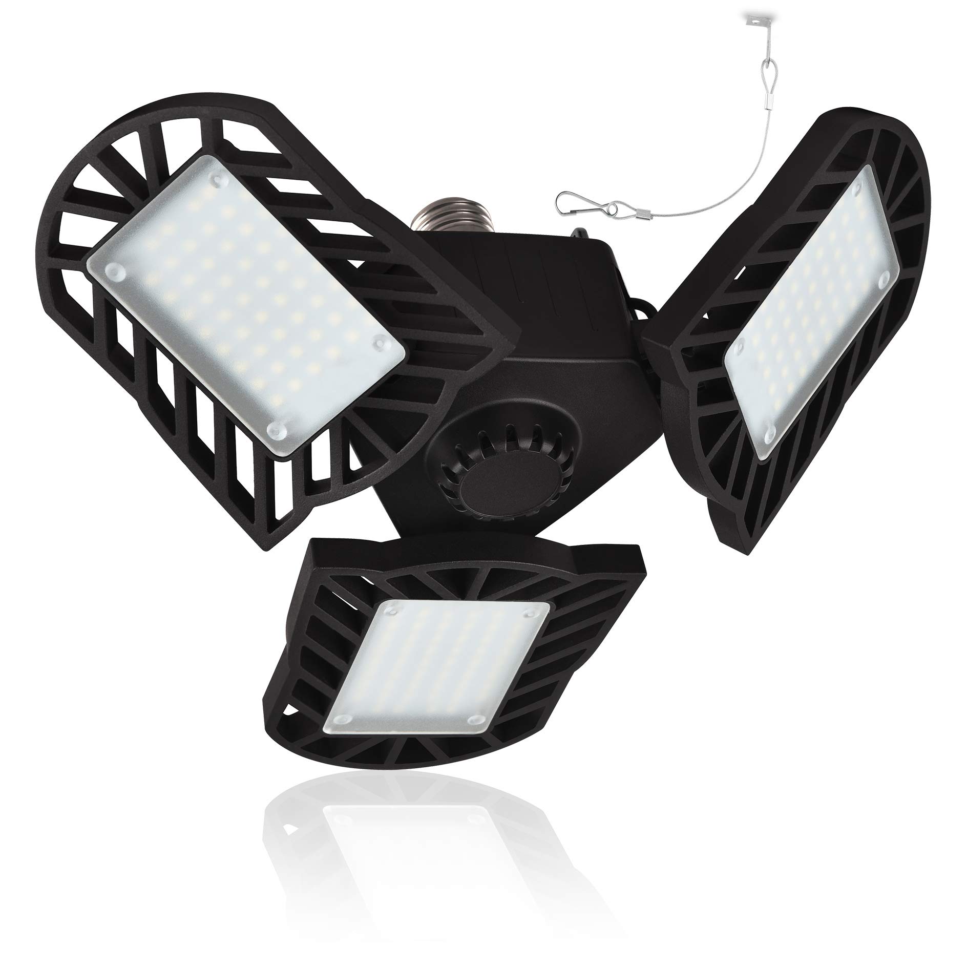 Deformable LED Garage Light,Winshine E26 Base 6000LM 60W Triple Light Garage Ceiling Lamp,6000K Daylight LED Shop Light,3 Adjustable Panels Bay Lighting for Garage,Warehouse,Barn (NO Motion Activated)