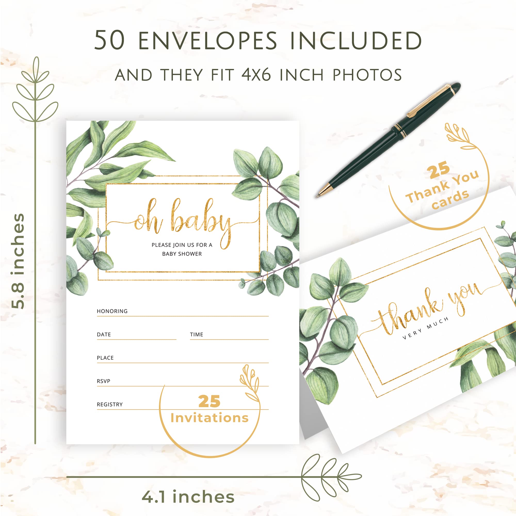 Hat Acrobat 25 Baby Shower Invitations with Envelopes and Thank You Cards Mega Bundle - Greenery Baby Shower Invitations Gender Neutral Set with Diaper Raffle Tickets, Book Request Cards