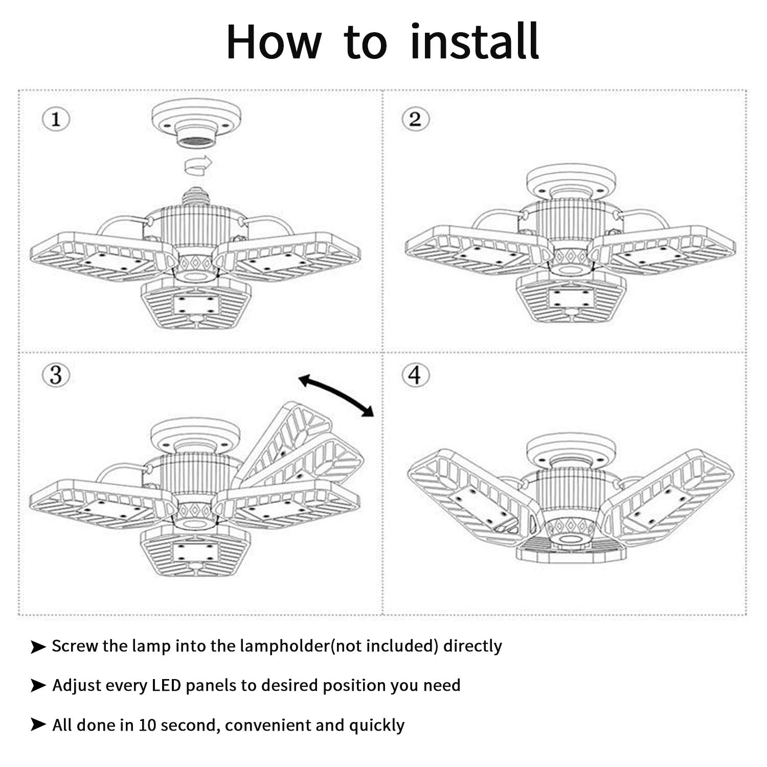 Deformable LED Garage Lights, E26 Base 60W LED Ceiling Lights, 6000LM 6000K Super Bright Shop Light with 3 Adjustable Angle Panels for Workshop, Warehouse, Basement Cellar, Full Area Basement etc