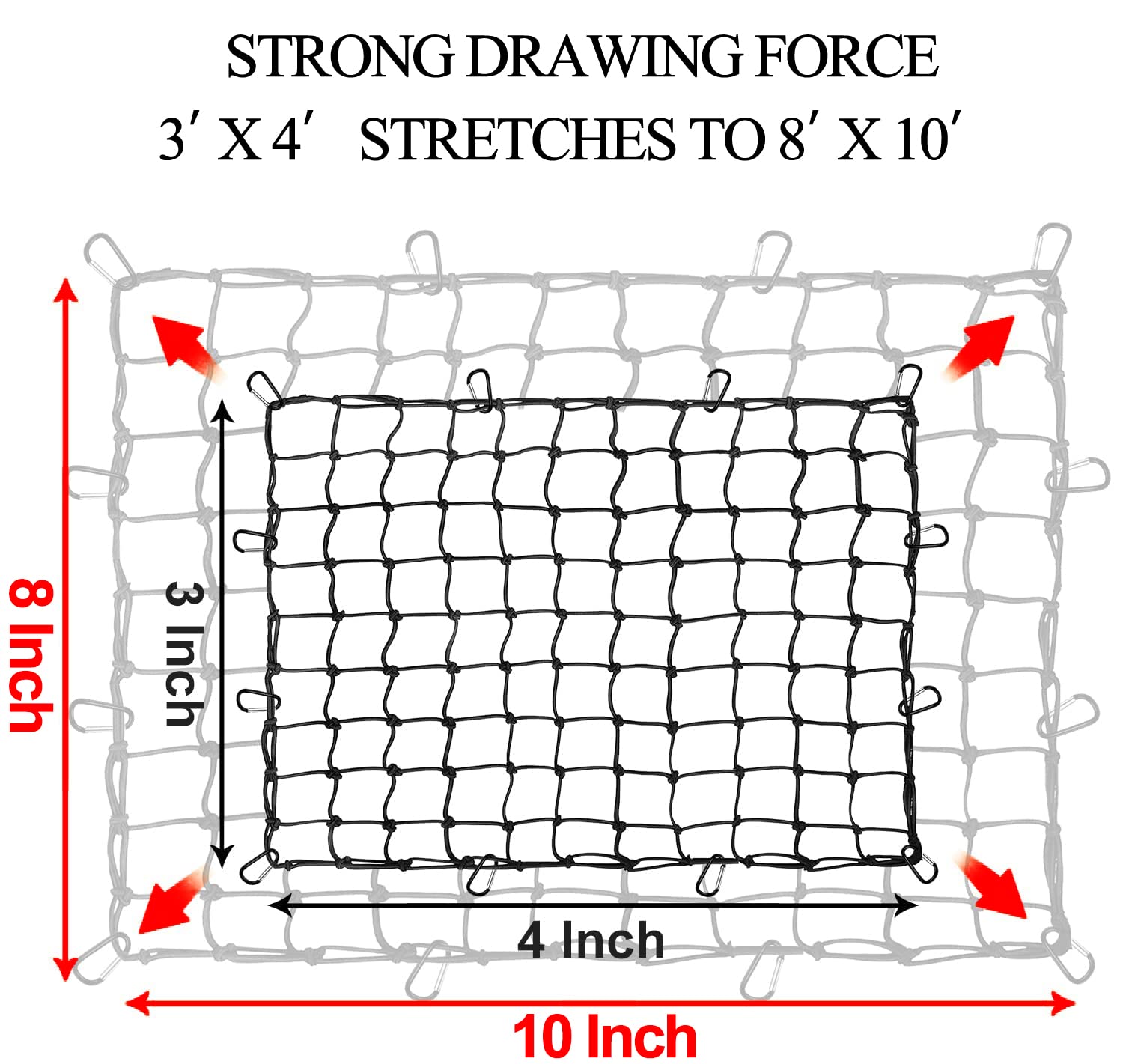 Cargo Net for Pickup Truck Bed - 4 x 6 Foot, Heavy-Duty, Mesh Square Bungee Netting with 12 Black Clips and Storage Bag - Holds Small and Large Loads (3'x4')
