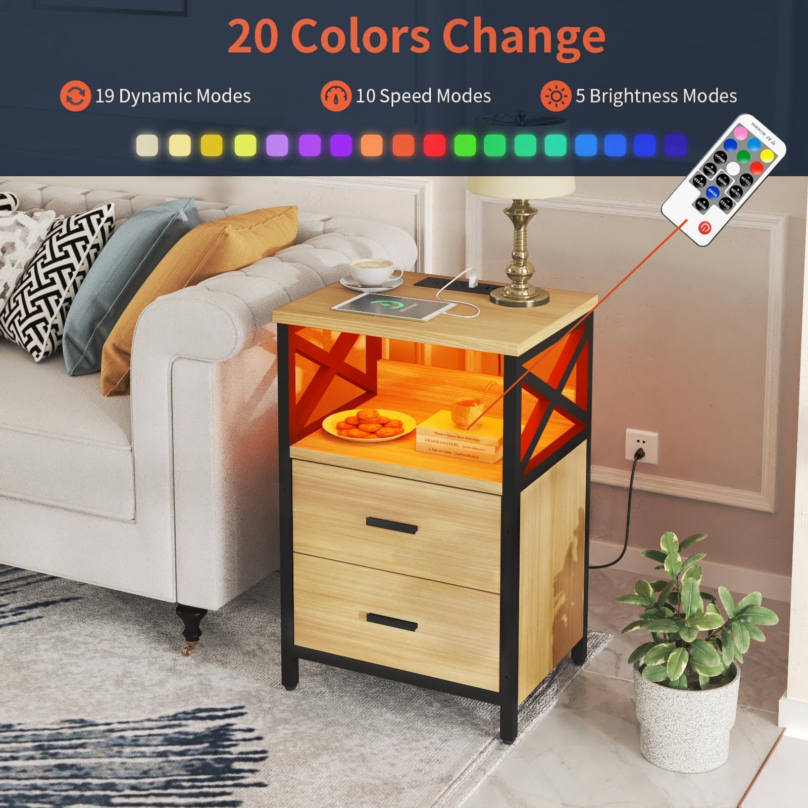 HDDDZSW LED Nightstand with Charging Station, Side Table with USB Ports and Outlets, End Table for Small Spaces, Log Colour Bedside Tables with Fabric-Wood 2-in-1 Drawer for Bedroom, Living Room