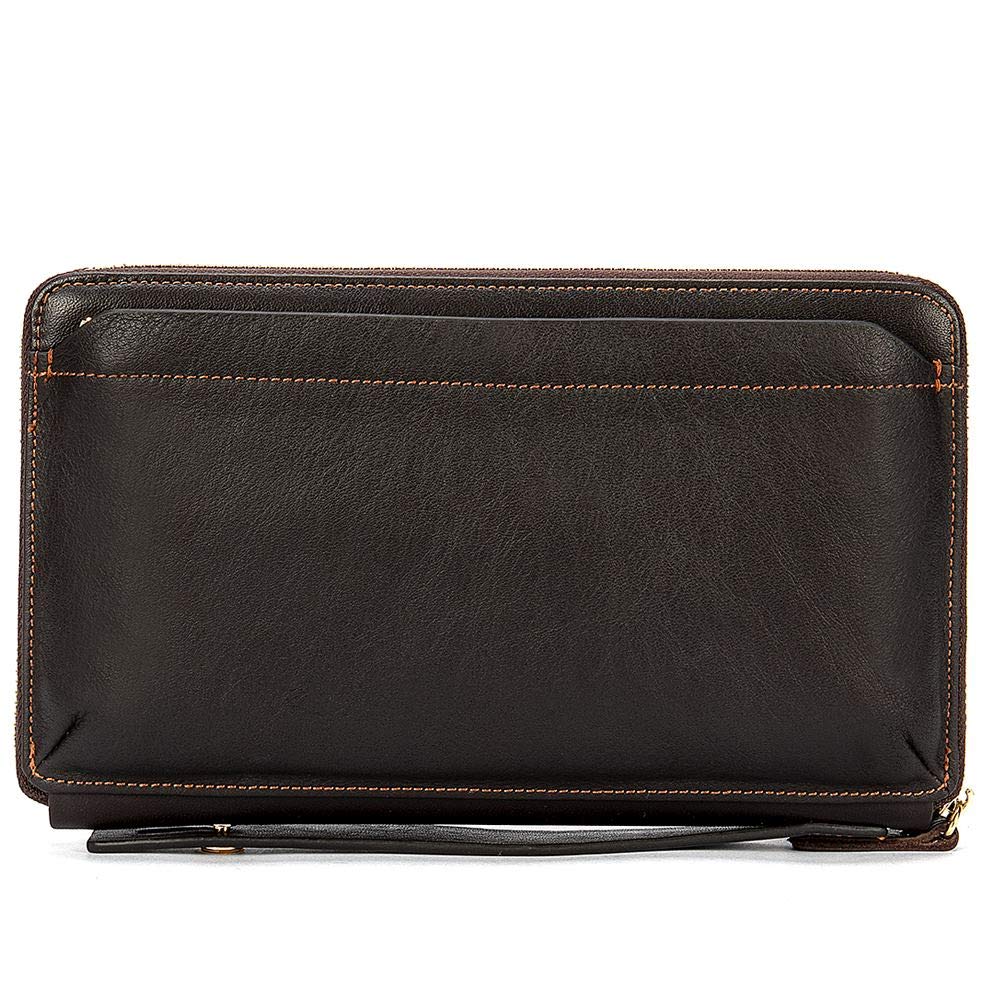 Real Leather Clutch Bags for Men Large Zip Around Genuine Leather Purse Vintage Retro Checkbook Handbag Coffee