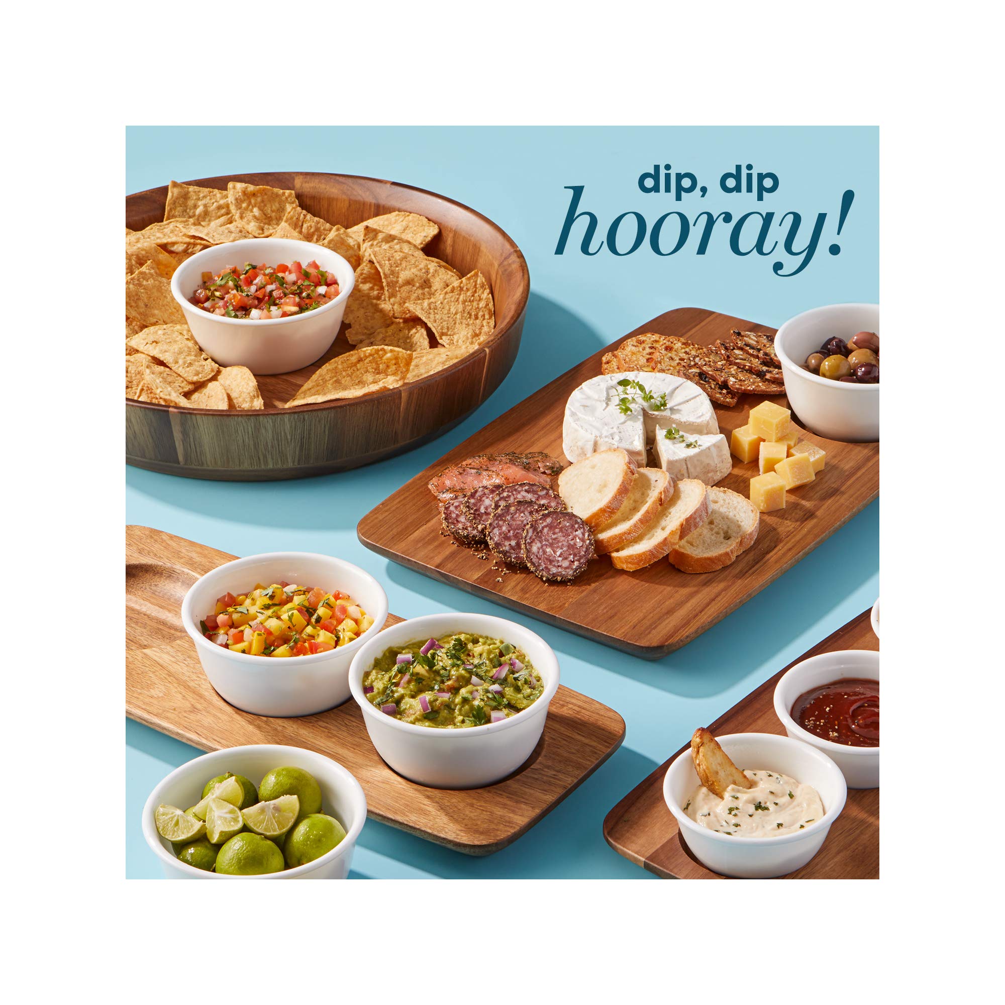 Corelle Vitrelle Coordinates 4-Pc Large Serving Set, Dip Tray with 3 Bowls, Dip Bowls and Long Serving Board Set, Triple Layer Glass Bowls are Dishwasher and Microwave Safe, White