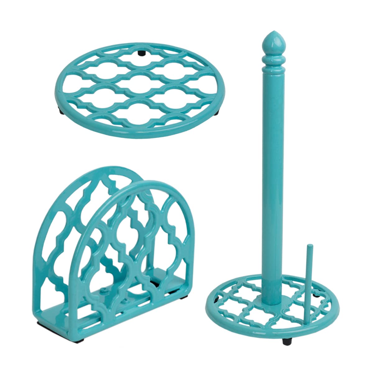 Cast Iron Kitchen Pantry Ware Bundle (2-Piece Set) Turquoise | includes Paper Towel Holder and Table Napkin Holder | Lattice Collection | by Home Basics