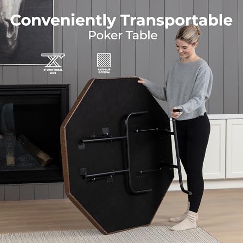 SereneLife 8- Player Octagonal Foldable Poker Table, Casino Leisure Texas Holdem Table, w/ water Resistant Cushioned Rail, 8 Cup Holders, Brown Felt Surface, Black Jack Board & Family Games (Black)