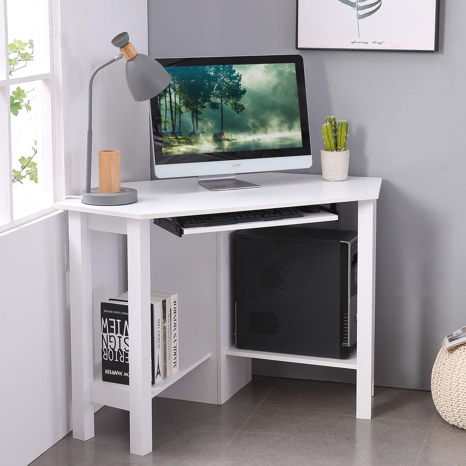 Corner Desk Writing and Study Corner Computer Desk with Keyboard Tray Storage Shelves,Wooden Compact Home Office Desk,47 inch, White