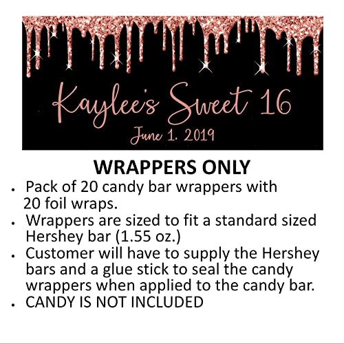Glitter Drip Personalized Candy Bar Wrappers for Chocolate, Birthday Party Favors, Hershey Bar Labels for Baby Shower, Bridal Shower, Pack of 20 (Rose Gold/Black)