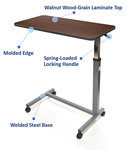 Invacare Hospital Style Overbed Table with Auto-Touch Adjustable Height and Wheels, Fits Over Beds and Bedside, 6417 Brown .75"H x 15"W x 30"L,Base: 15.5"W x 26"L,28" - 40"