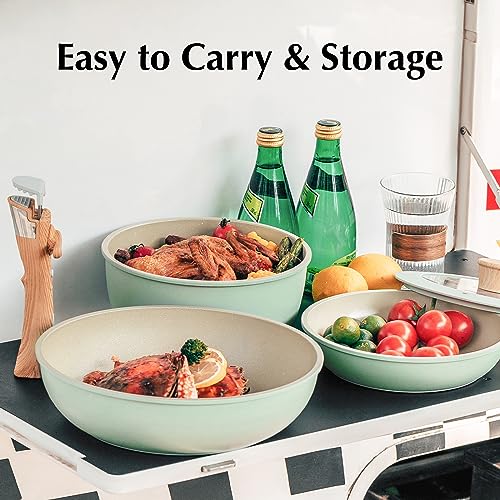 Nonstick Cookware Sets, Ceramic Pots and Pans Set with Detachable Handle, 5 Piece Non Stick Kitchen Cooking Sets, RV Cookware Set for Induction Stoves Dishwasher Oven Safe, PTFE PFOA PFAS Free, Green