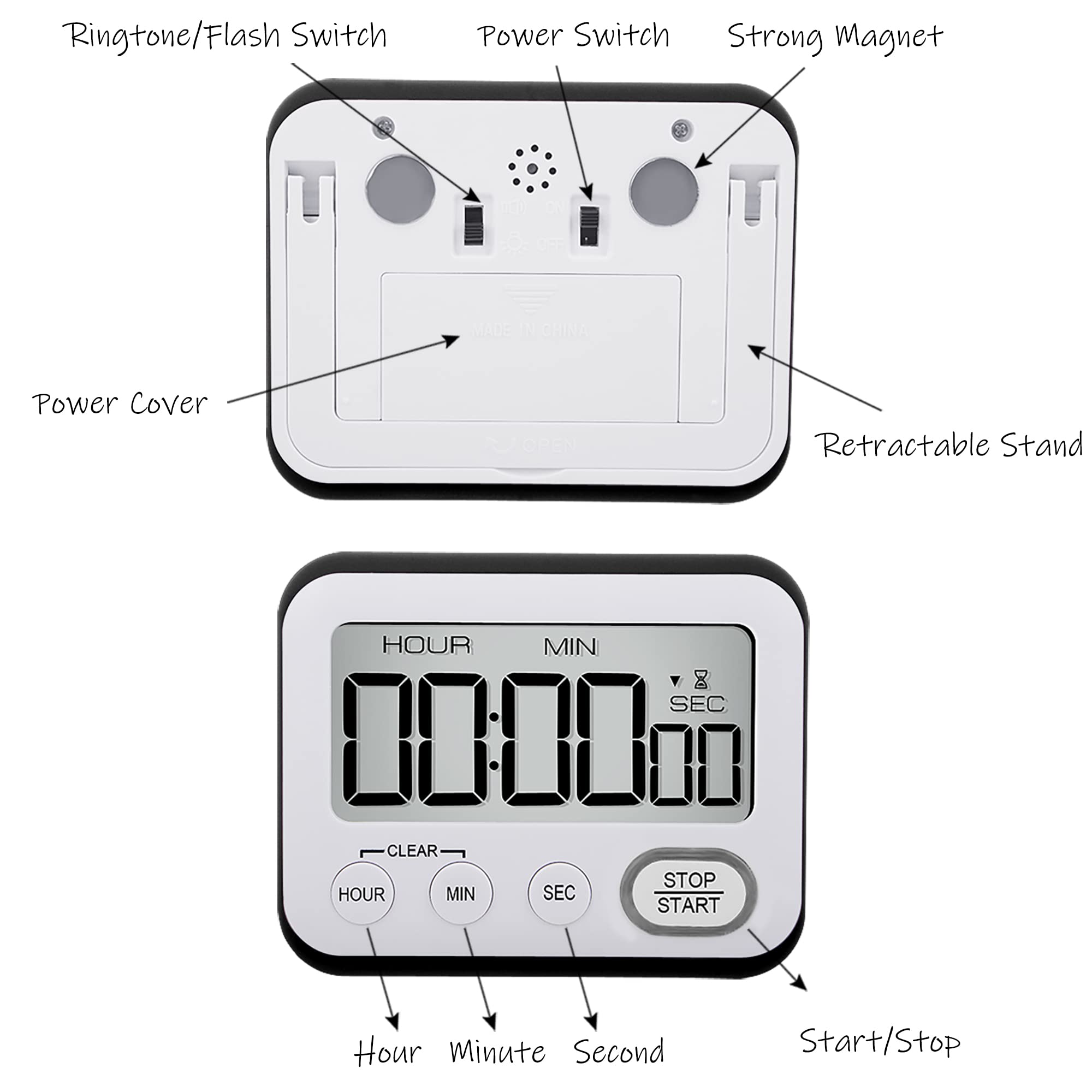 Digital Kitchen Timer Magnetic Loud Alarm, Large LCD Screen Silent/Beeping Multi-Function for Teachers Classroom Kids, Black