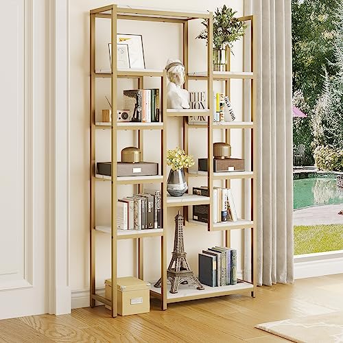 YITAHOME 6 Tier Gold Bookshelf, 71” Tall Modern Free Standing Bookshelf with 12 Shelf Bookcase, Faux Marble Open Display Storage Book Shelves for Living Room Bedroom Office Home, Gold & Marble
