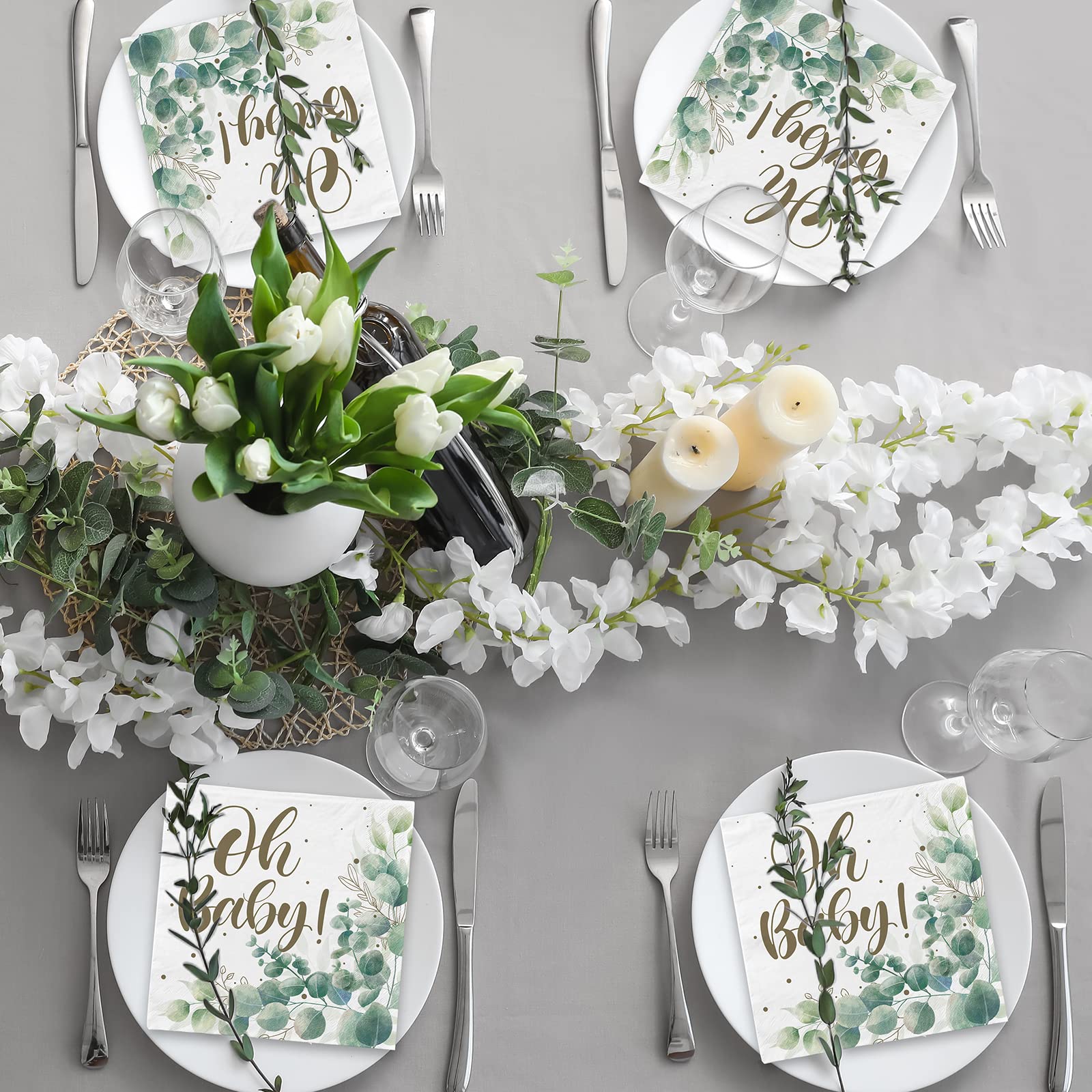 Sage Greenery Baby Shower Disposable Paper Napkins 3-ply Boho Greency Beverage Napkins for Sage Greenery Baby Shower Party(6.5X6.5 in, 50-Pack)