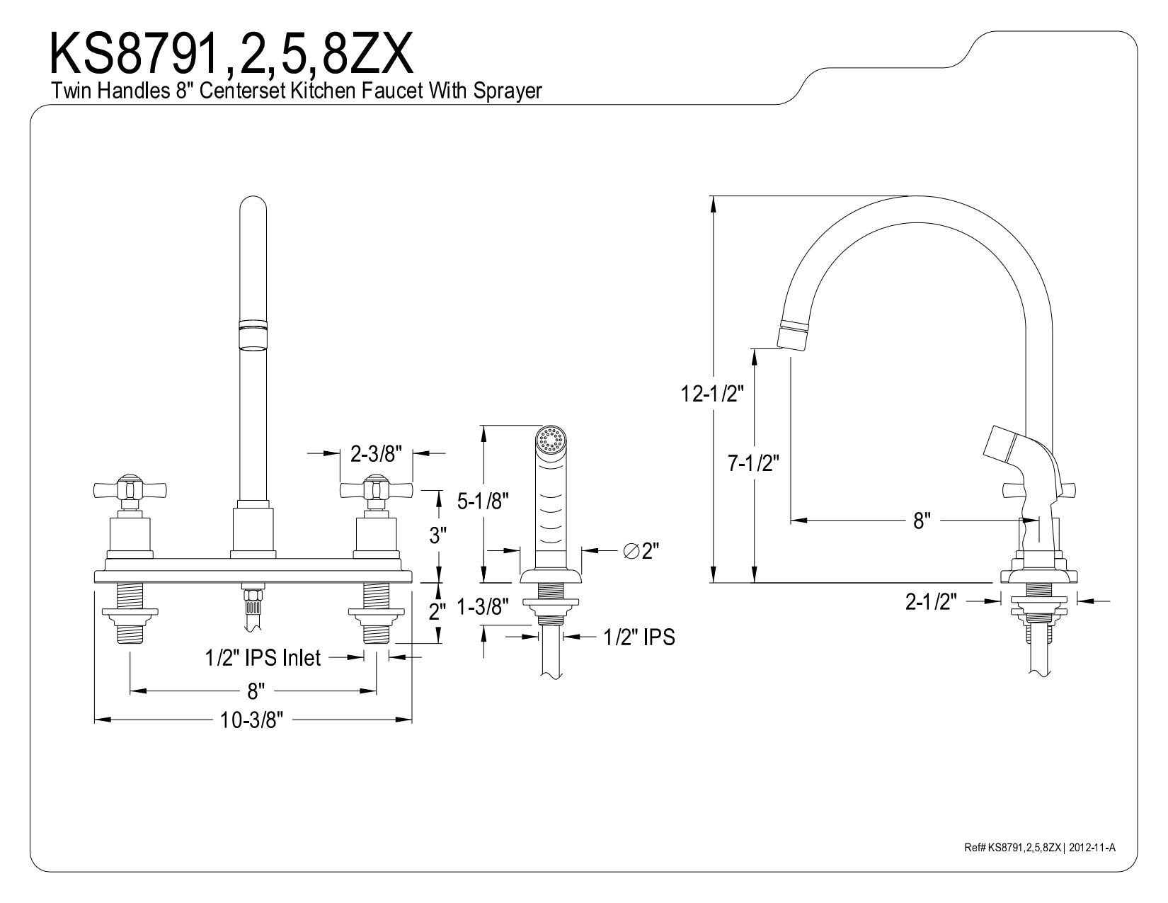 KINGSTON BRASS KS8798ZX Millennium 8-Inch Centerset Kitchen Faucet with ABS Sprayer, Brushed Nickel