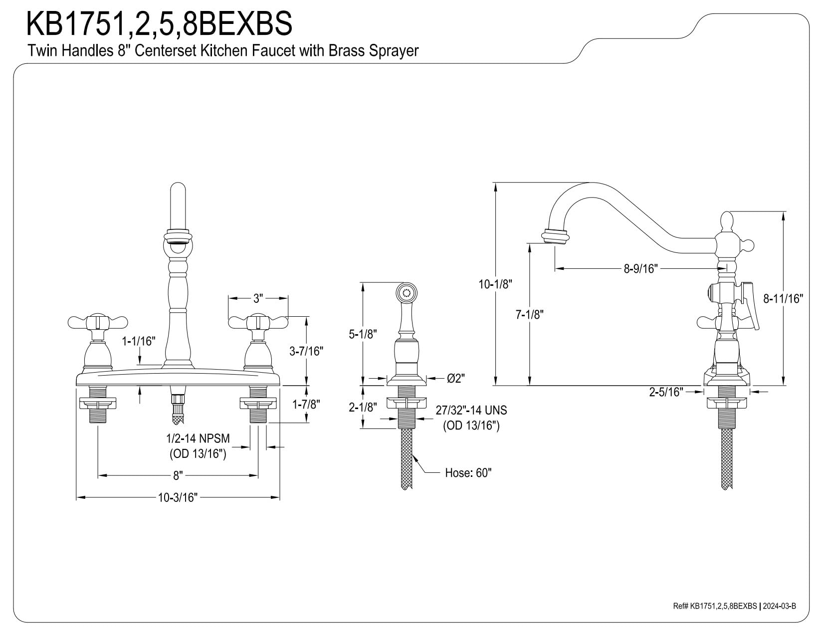 Kingston Brass KB1752BEXBS 8" Centerset Kitchen Faucet with Brass Sprayer, Polished Brass, 8-5/8" In Spout Reach