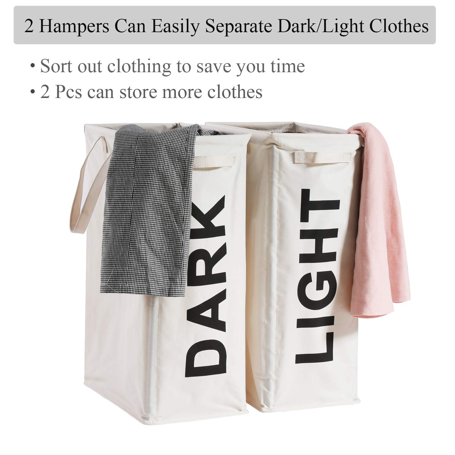 Haundry 2 Pack Light and Dark Laundry Hamper with Extended Handles, 2Pcs/Set Tall and Slim Separator Laundry Baskets, Large Foldable Laundry Organizer for Clothes, Beige