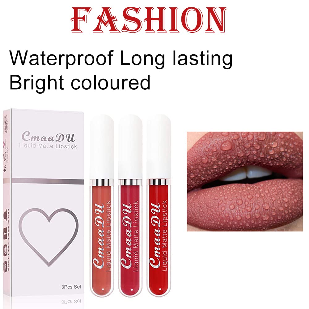 ETEDES 3 colours Matte Liquid Lipstick Makeup Set, Matte liquid Long-Lasting Wear High Pigmented Non-Stick Cup Not Fade Waterproof Lip Gloss (Set #11)
