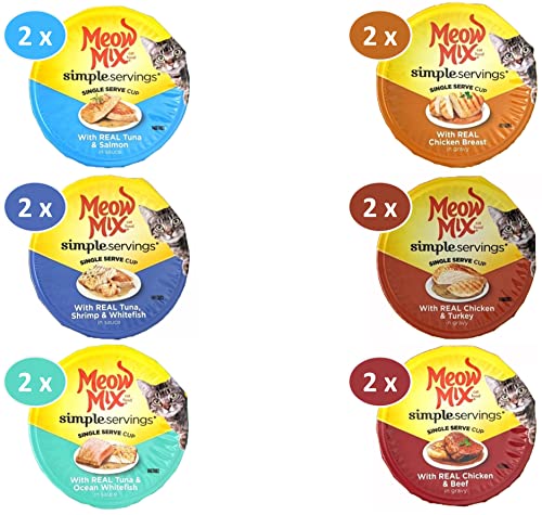 ILC Buy Meow Mix Simple Servings Variety Bundle| 6 Flavors,(2) Each: Chicken Turkey, Tuna Whitefish, Chicken Beef, Tuna Salmon, Chicken Breast, Tuna Shrimp (1.3 OZ) Plus Foam cat Toy Ball Magnet.