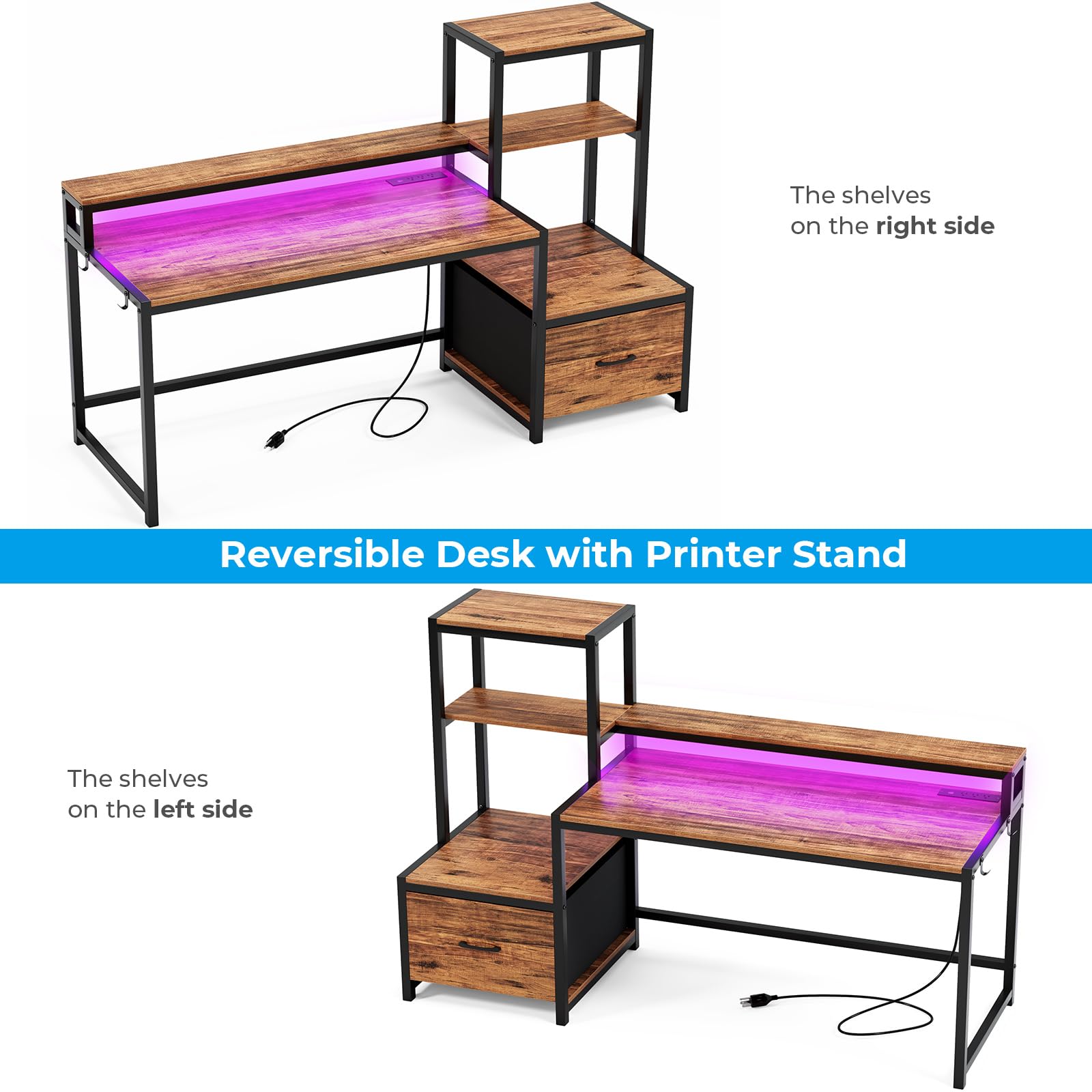 GreenForest Office Desk with Power Outlets and Printer Shelf, 68.8 inch Computer Desk with LED and Drawer, Reversible Gaming Desk with Storage for Home Study Working,Walnut