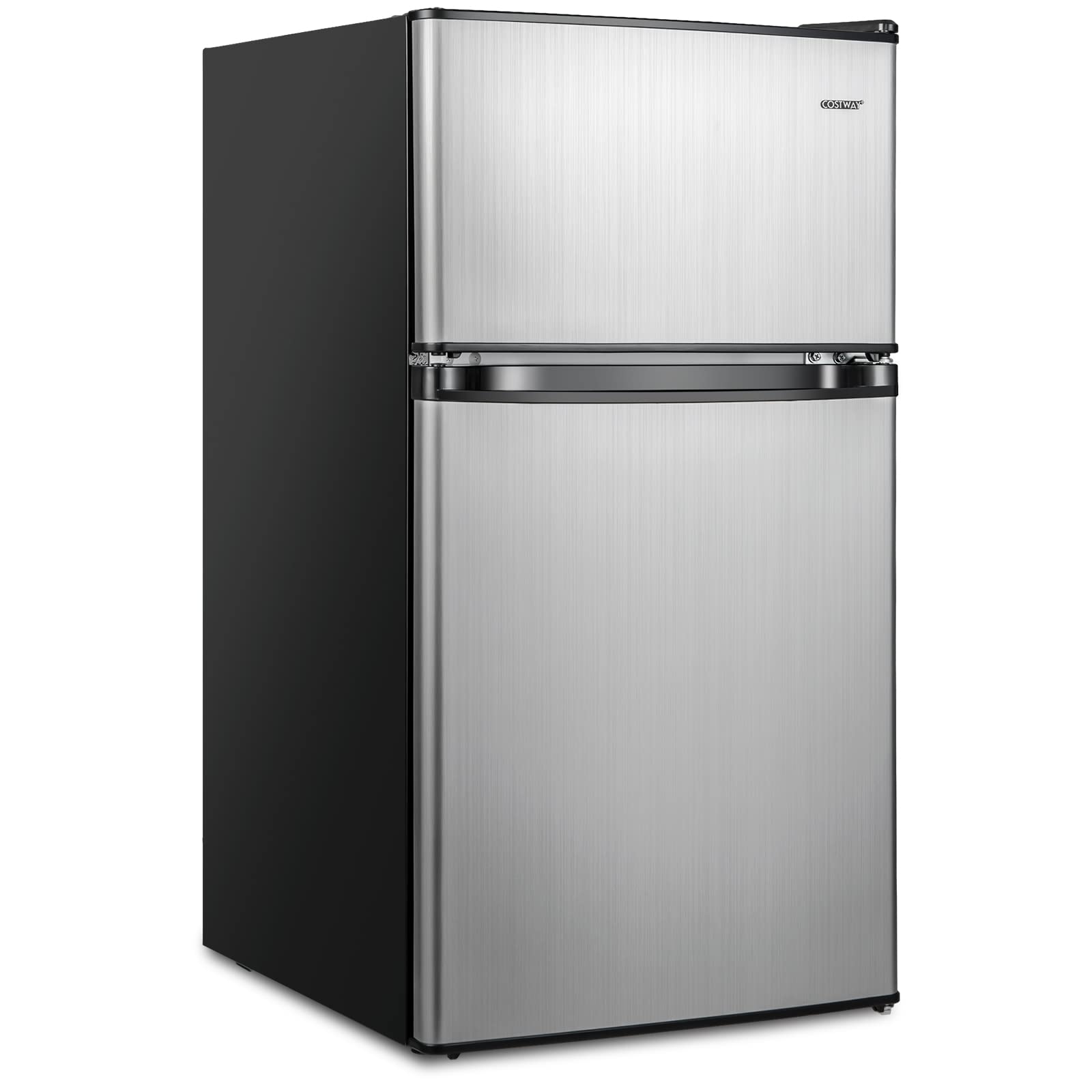 COSTWAY Compact Refrigerator, 2 Reversible Door 3.3 CU.FT. Mini Fridge and Freezer Compartment with Adjustable Thermostat & Removable Glass Shelves for Dorm Apartment Office (Silver)