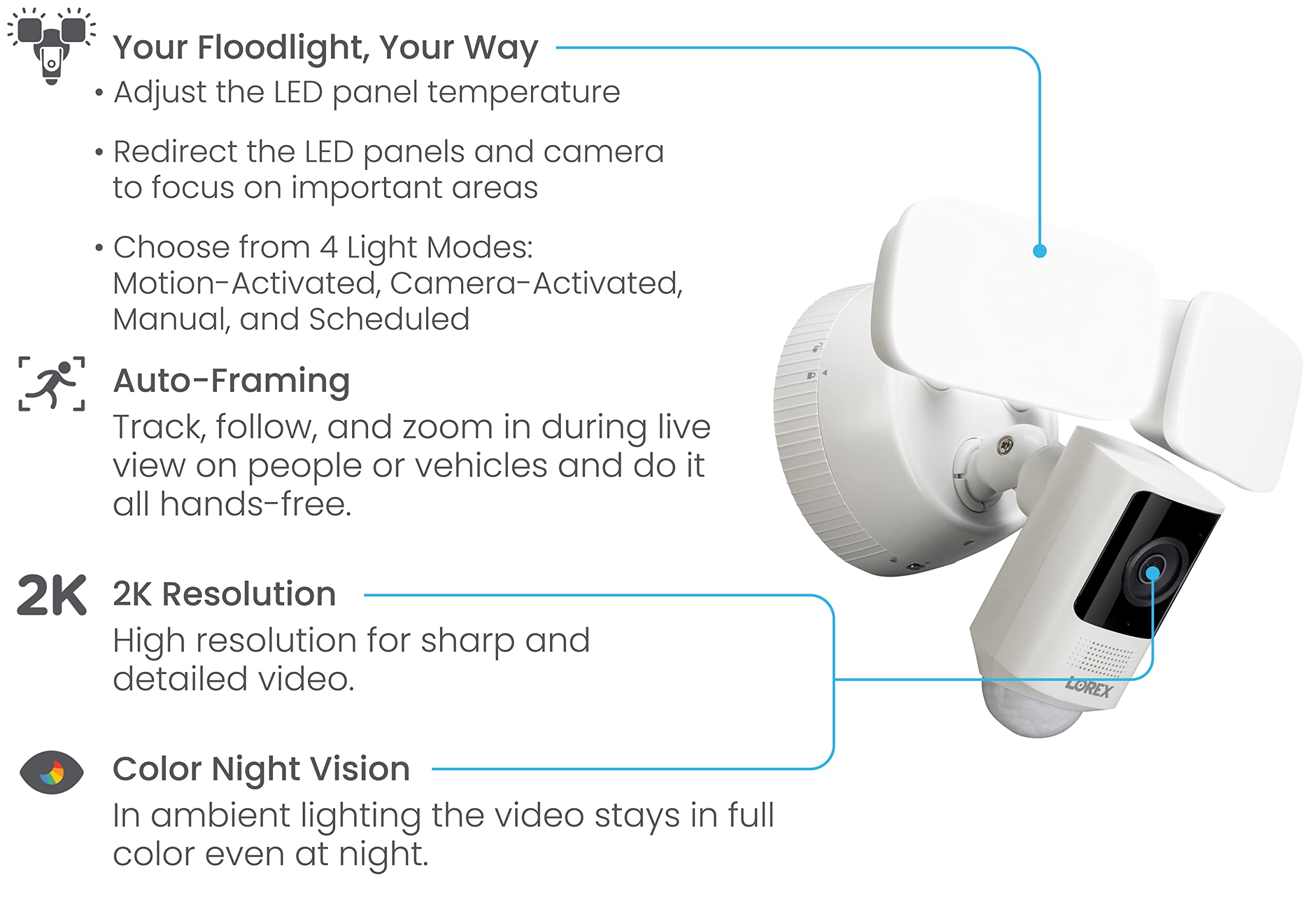 Lorex 2K Wi-Fi Floodlight Camera with Adjustable LEDs, Smart Motion Detection, 2-Way Talk, Color Night Vision, White
