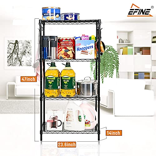 EFINE 4-Shelf Shelving Unit with 8 Hooks, Adjustable, Carbon Steel Wire Shelves, 150lbs Loading Capacity Per Shelf, Units and Storage for Kitchen Garage (23.6W x 14D 47H) Black, S100-4B, 1-Pack