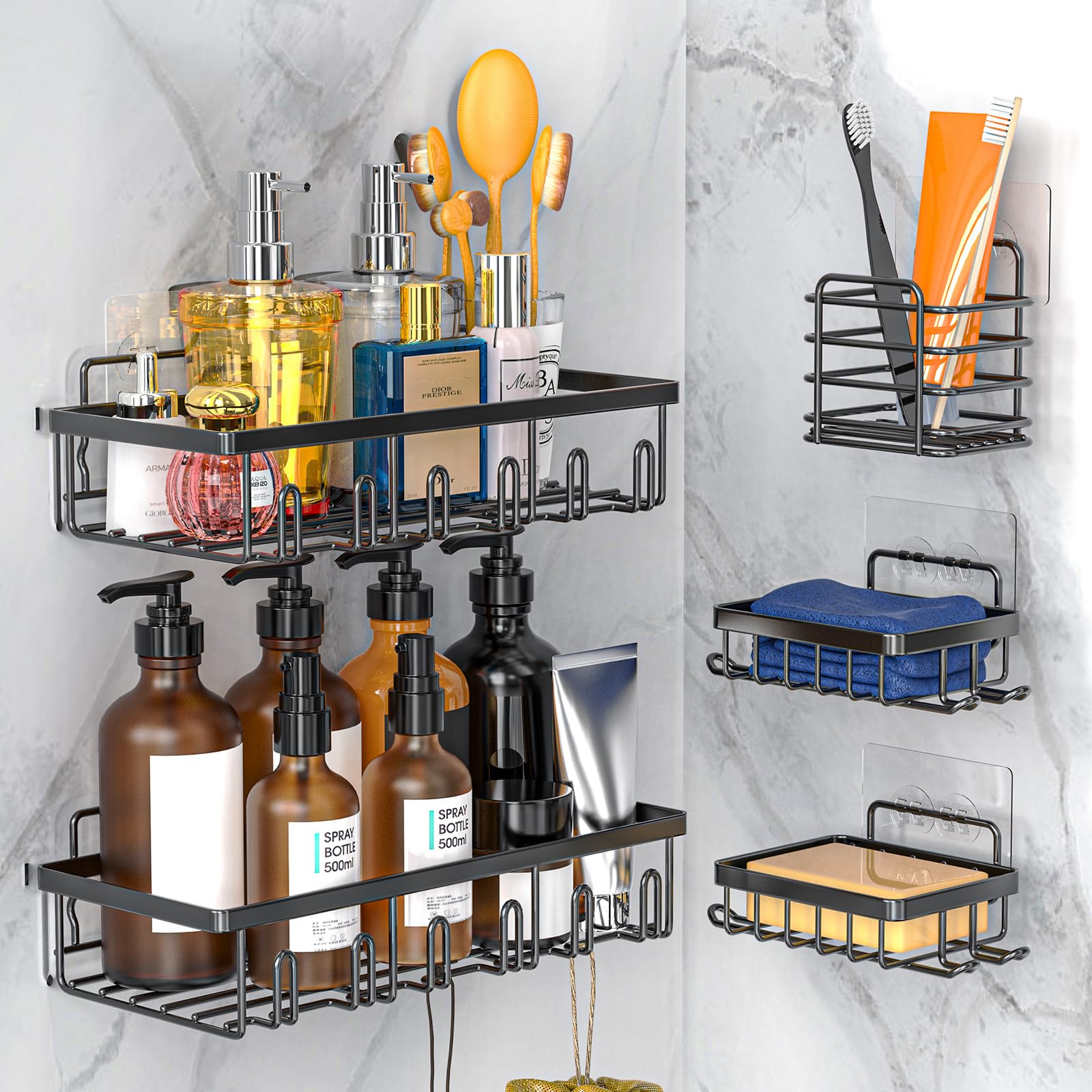 Crixny Shower Caddy, 5-Pack Shower Organizer No Drilling, Shower Shelves with Soap Holder and 18 Hooks, Rustproof Stainless Steel Shower Shelf for Inside Shower, Shower Rack for Shower Storage